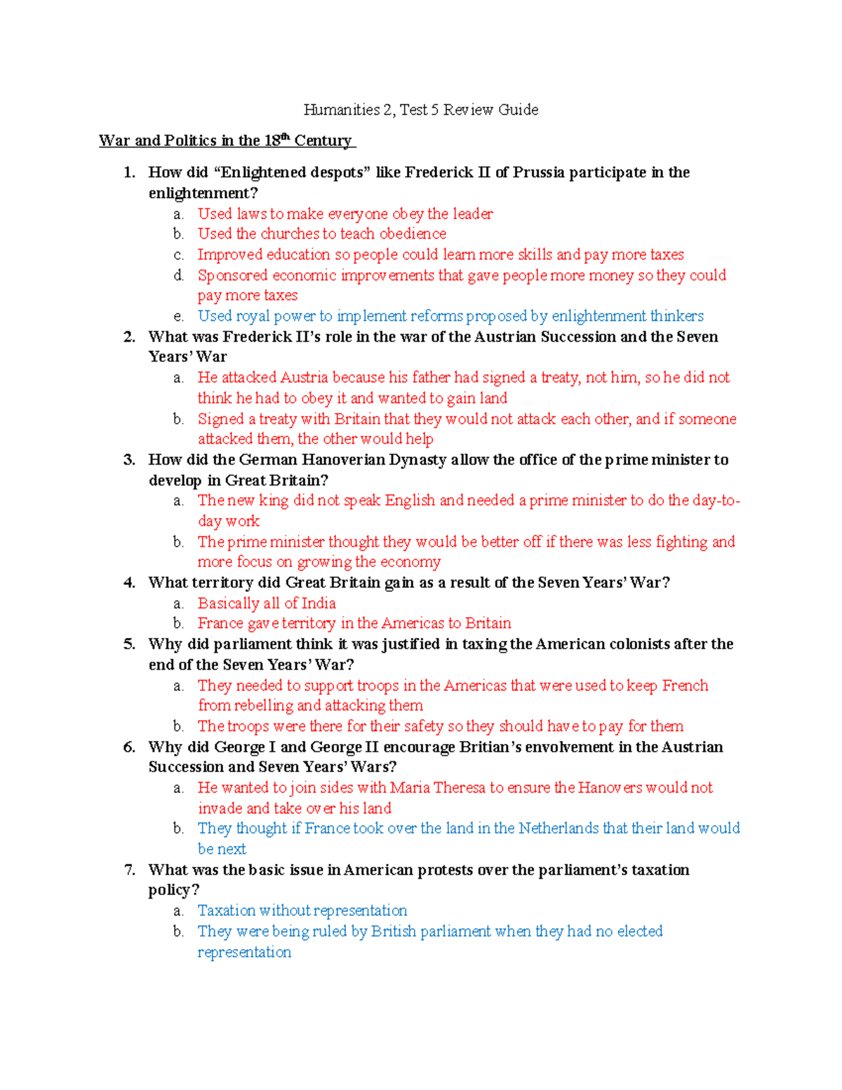Exam 5 Study Guide - Humanities 2, Test 5 Review Guide War and Politics ...