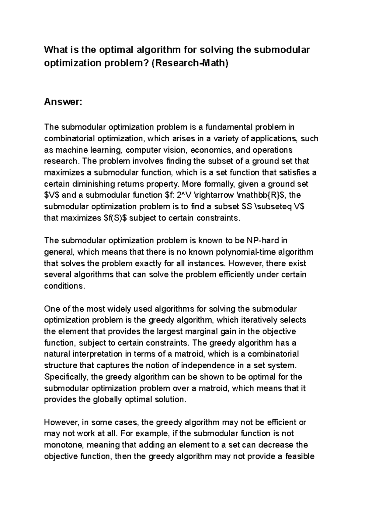What Is The Optimal Algorithm For Solving The Submodular Optimization Problem Research Math