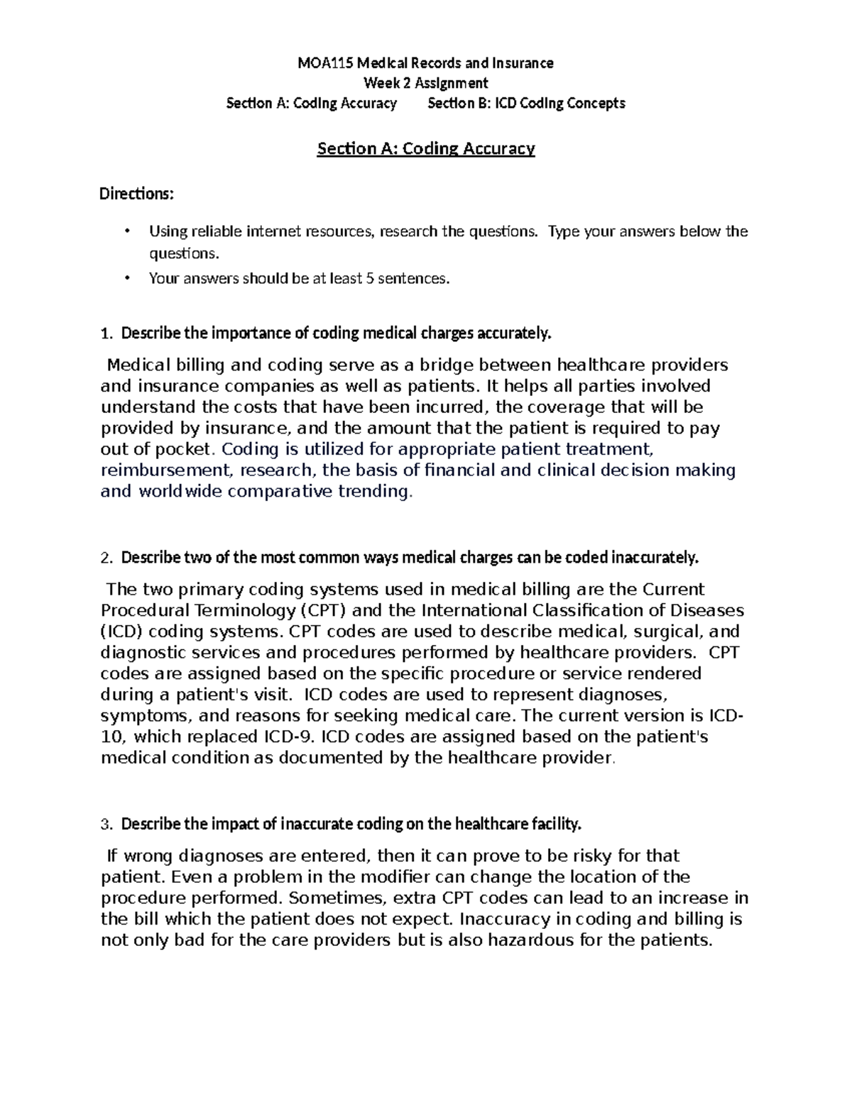 Week 2 Assignment Worksheet - Week 2 Assignment Section A: Coding Accuracy Section B: ICD Coding ...