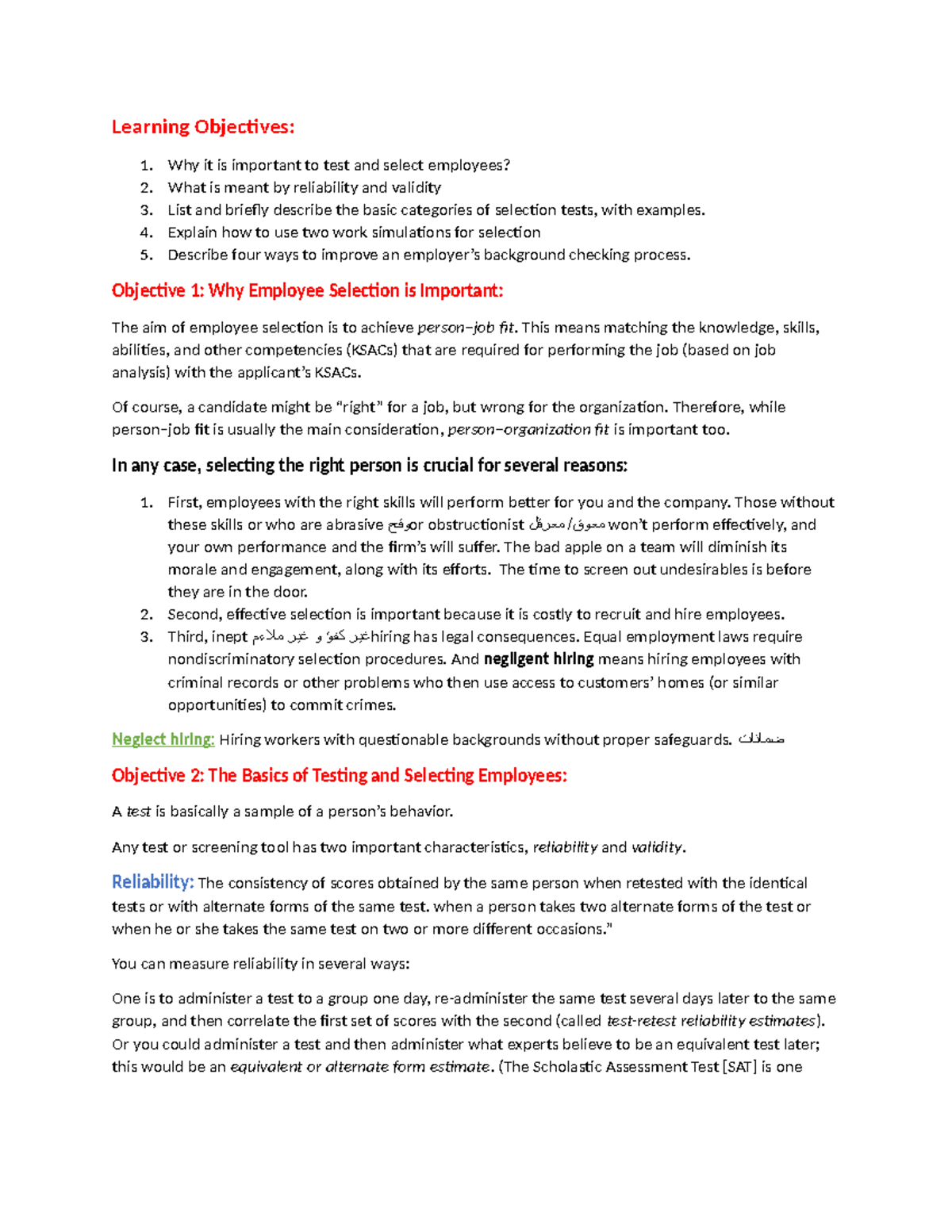 Employee Testing & Selection - Learning Objectives: Why it is important ...