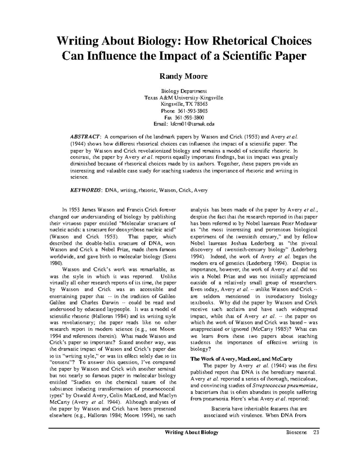 Moore (2000 ), Writing About Biology - BIOG 534 - Howard - Studocu