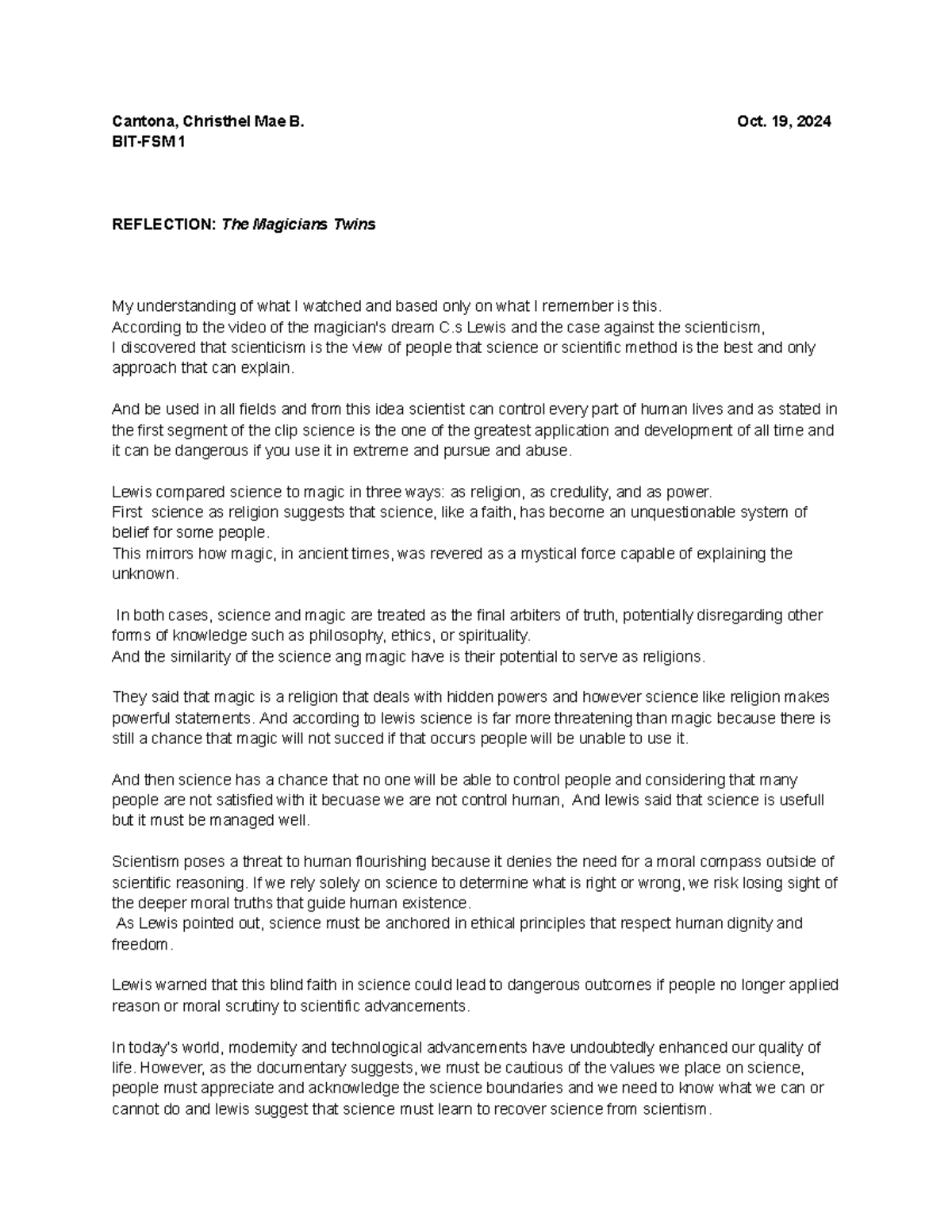 STS Reflection - notes - Cantona, Christhel Mae B. Oct. 19, 2024 BIT ...