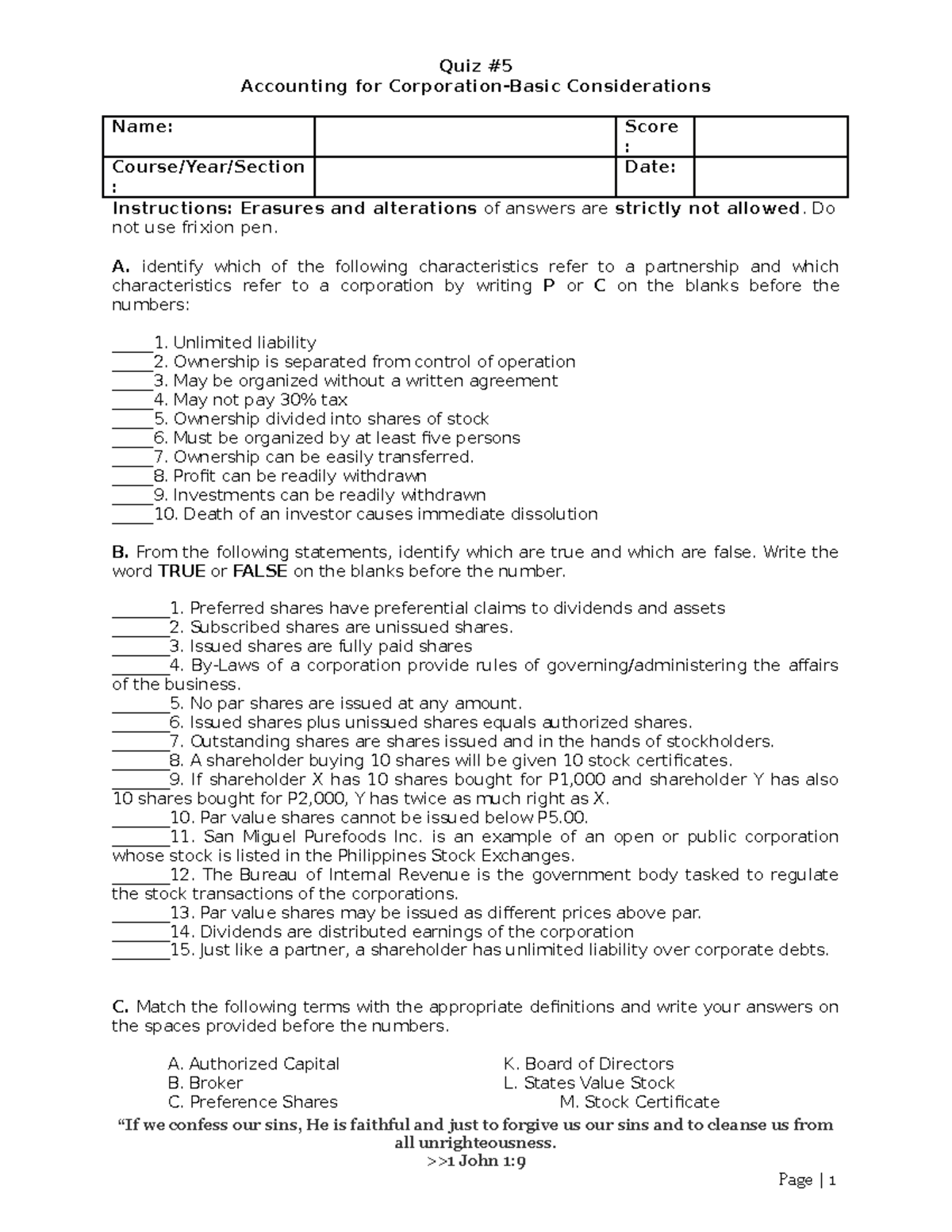Corporation theory reviewer - Quiz # Accounting for Corporation-Basic ...