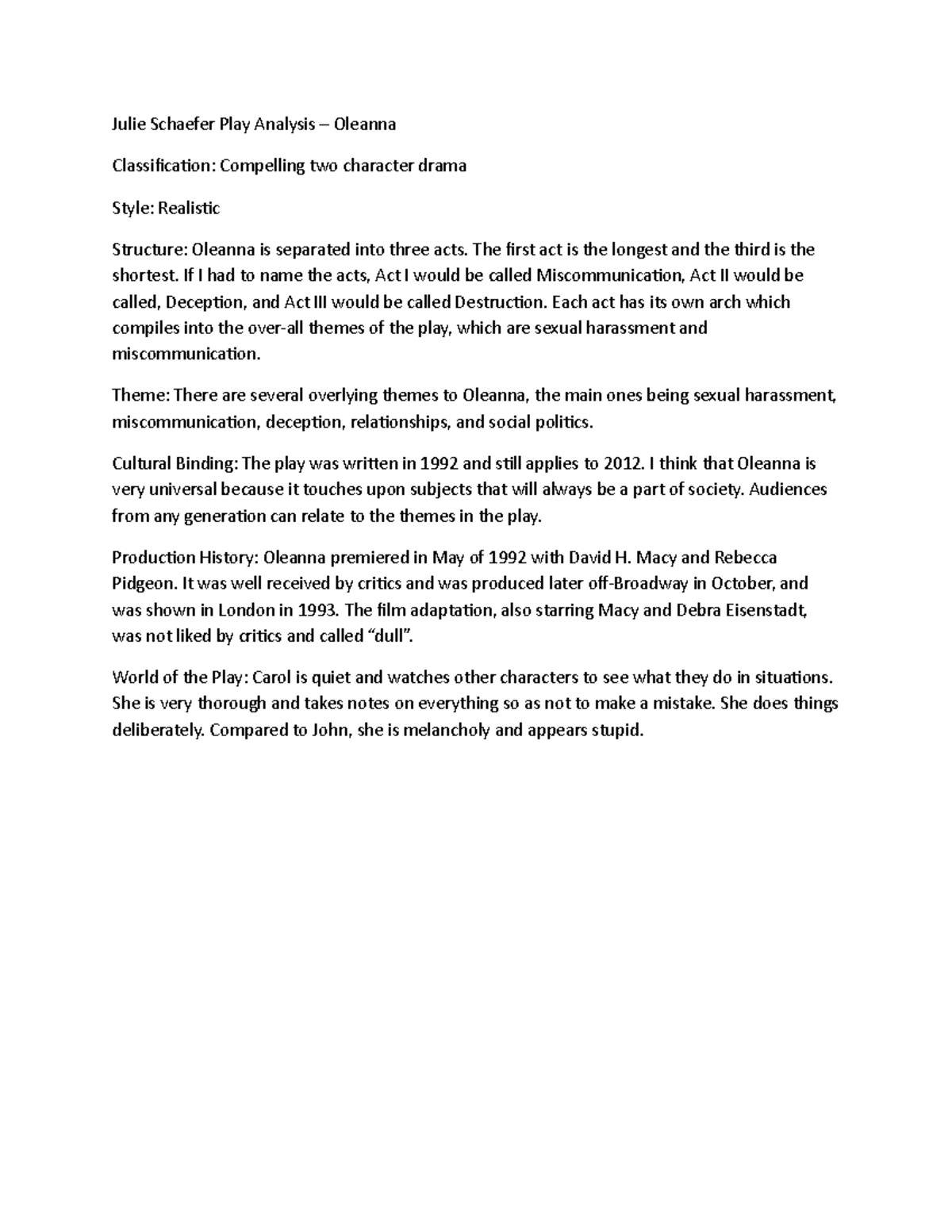 Play Analysis Oleanna - Julie Schaefer Play Analysis – Oleanna ...