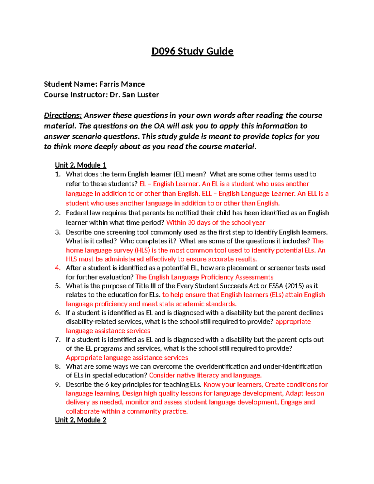 D096 Study Guide - Coursework from D096 - D096 Study Guide Student Name: Farris Mance Course ...