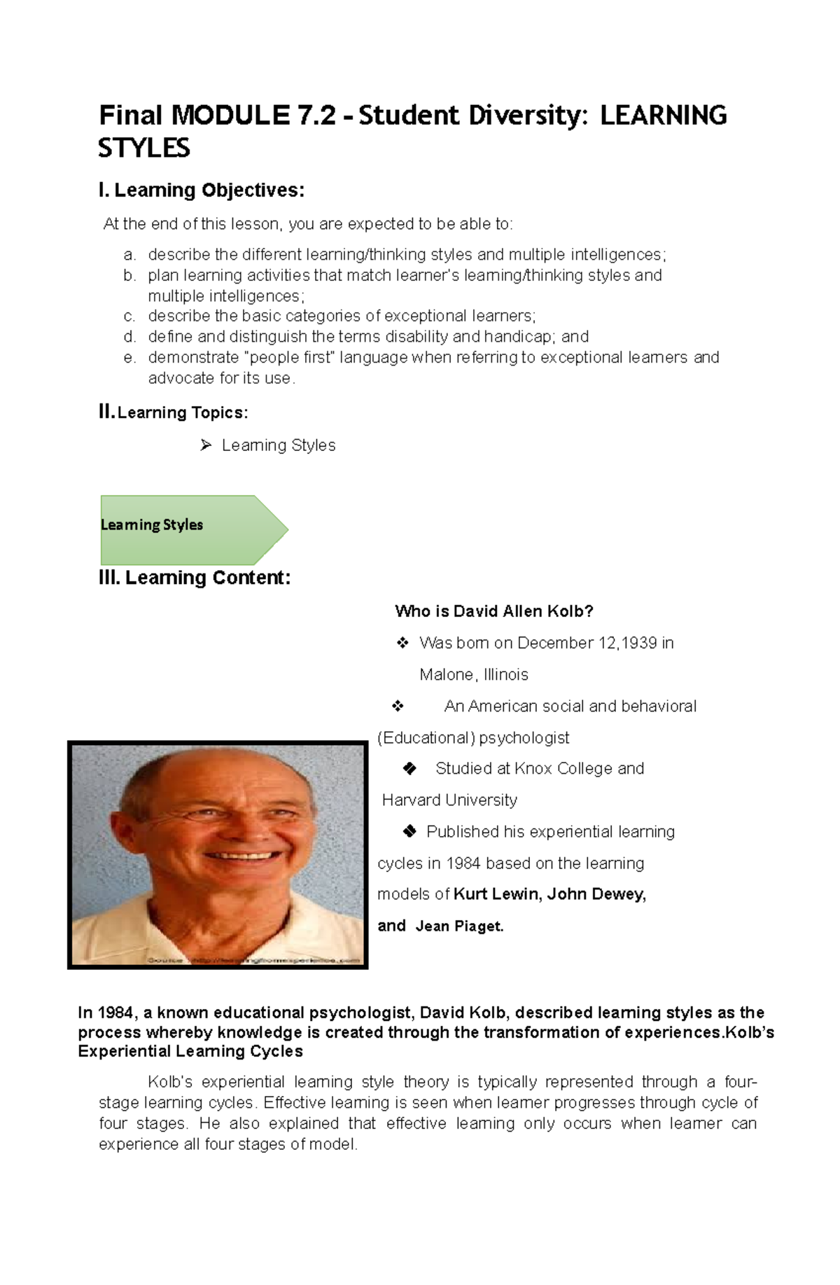Final Module 7 - Lecture - Learning Styles Final MODULE 7 - Student ...