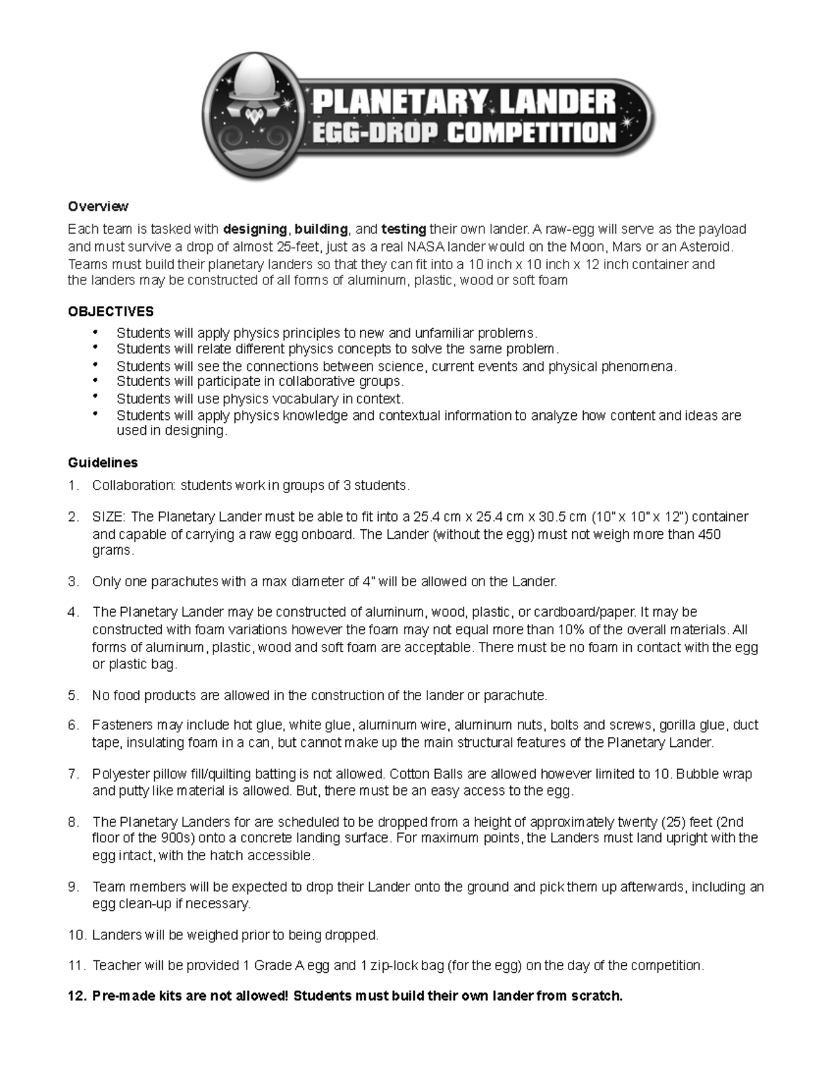 Planetary Lander Revised 2023 - Overview Each team is tasked with ...