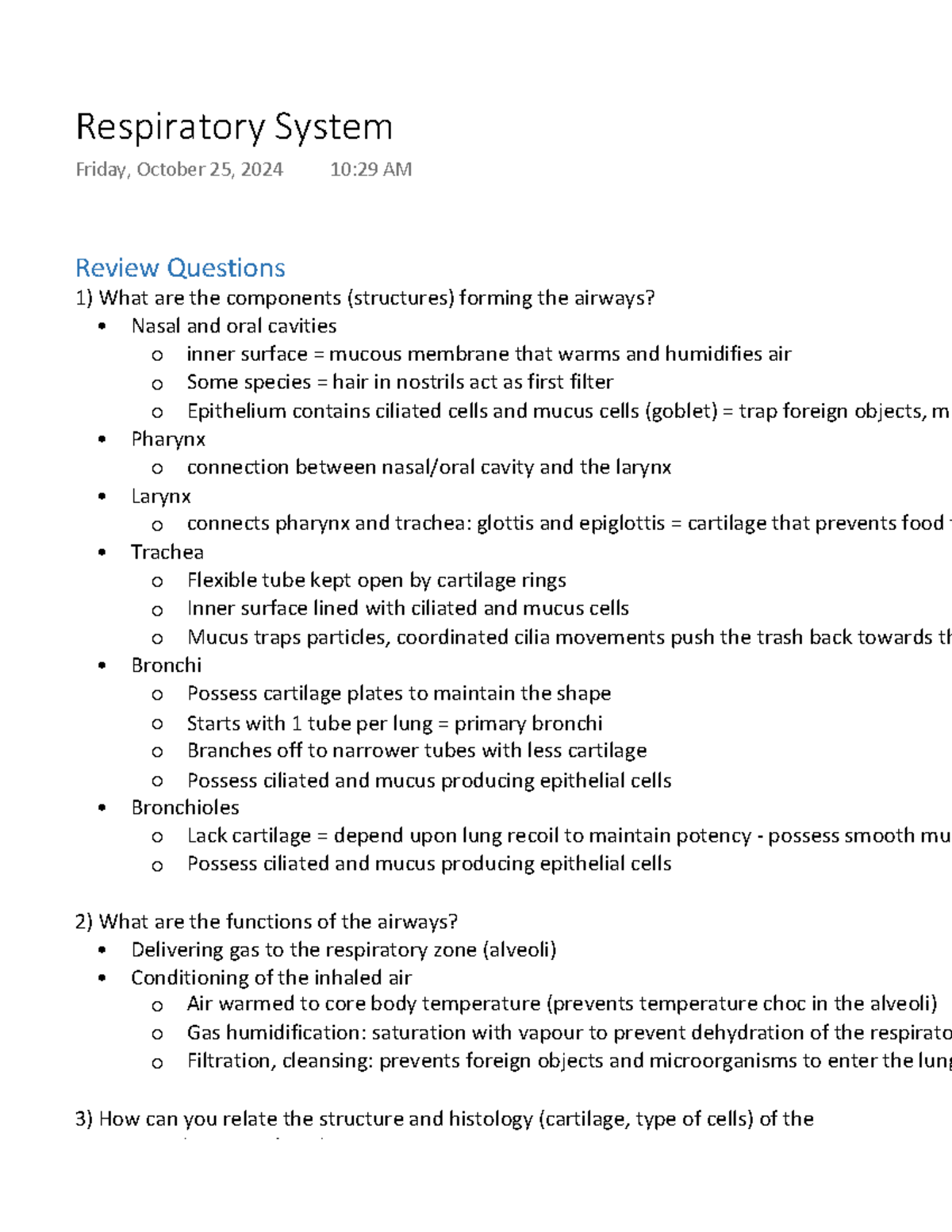 Respiratory System Review - Review Questions What are the components ...