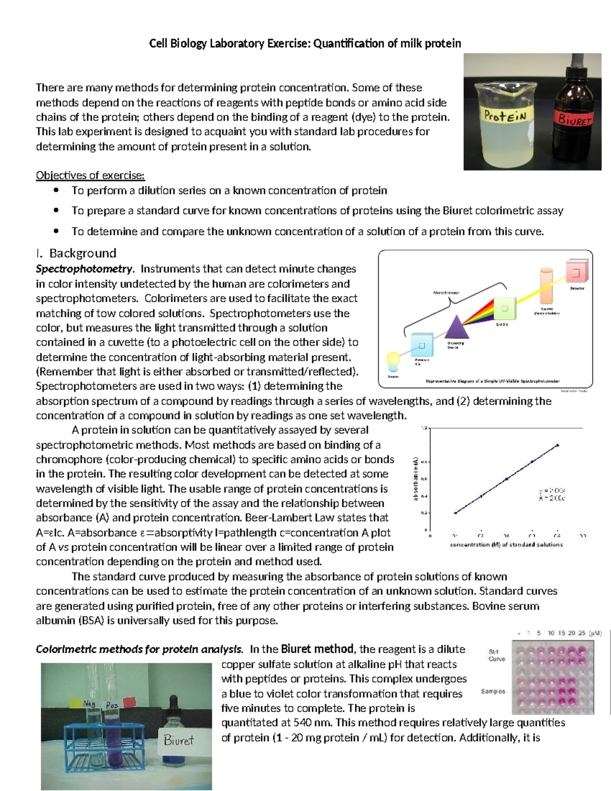 Bio lab 7:18 - lab - Cell Biology Laboratory Exercise: Quantification of milk protein There are ...