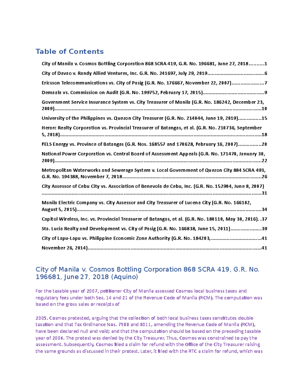 RPT Cases Tax - law - Table of Contents City of Manila v. Cosmos ...