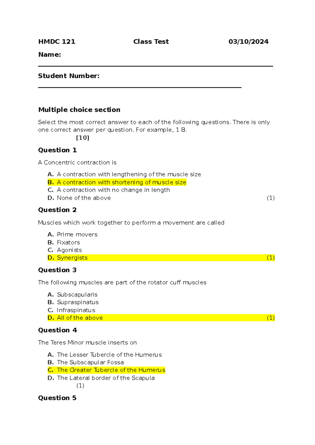 HMDC121 Class Test SU3 Memo - HMDC 121 Class Test 03/10/ Name: - Studocu