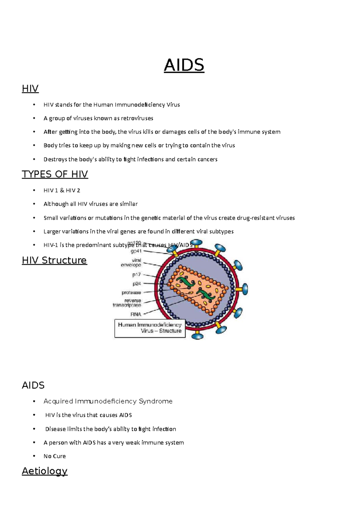 Chapter - 1 AIDS - AIDS HIV • HIV stands for the Human Immunodeficiency ...