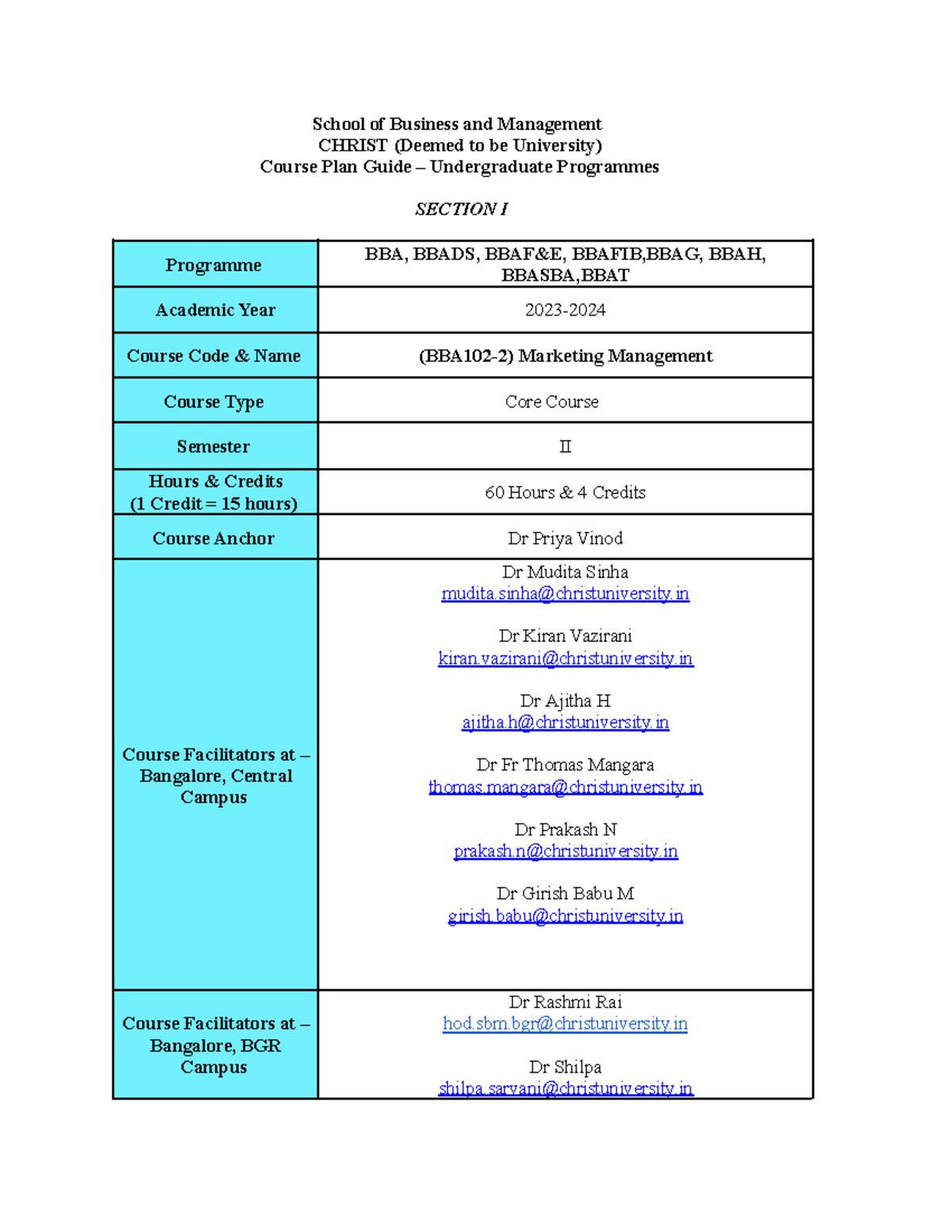 BBA MM Course PLAN - School of Business and Management CHRIST (Deemed ...