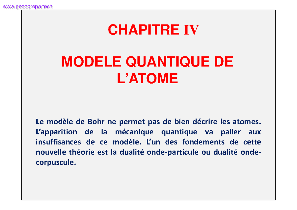 Atomistique partie 2 - CHAPITRE IV MODELE QUANTIQUE DE L’ATOME Le ...