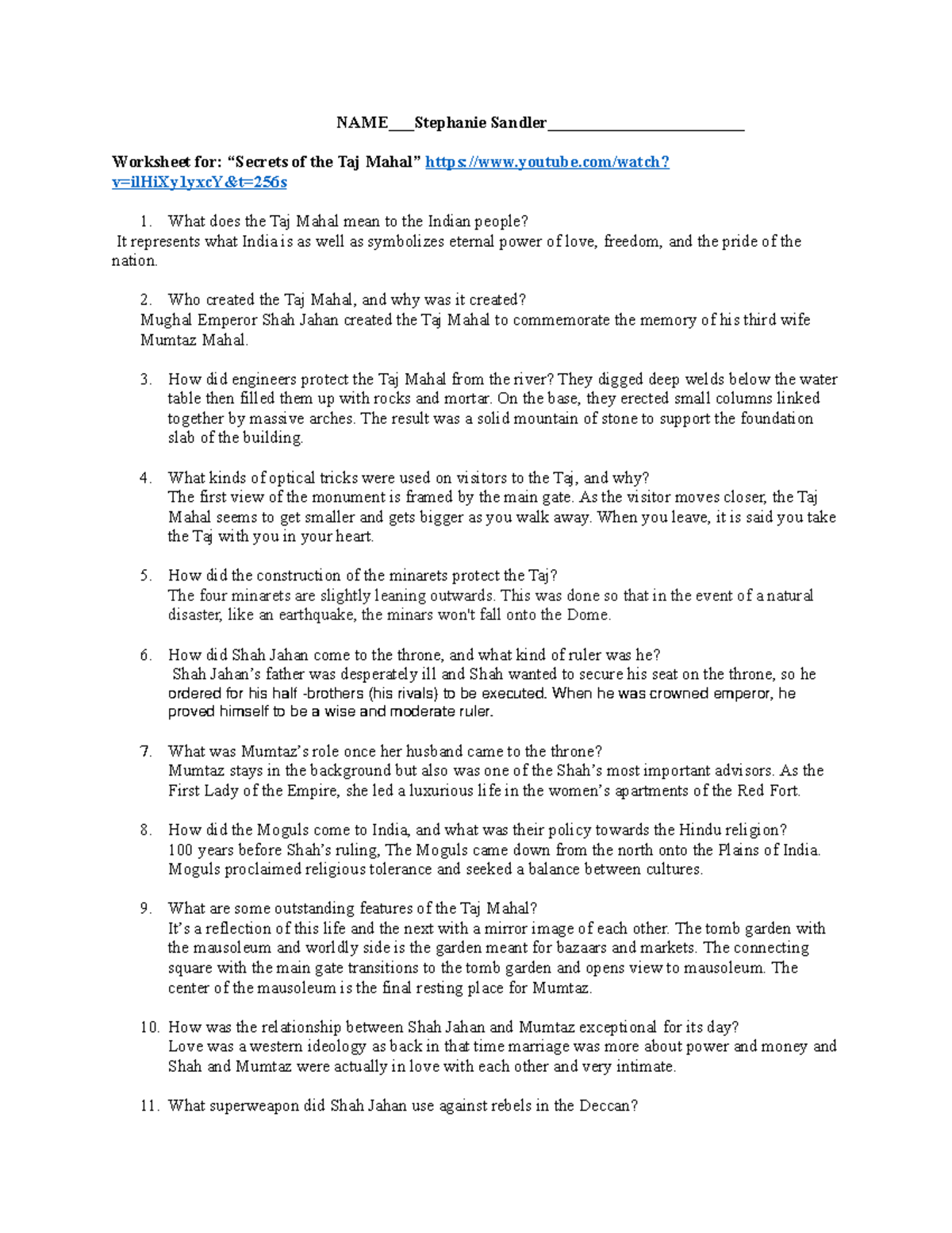 Secrets of the Taj Mahal Worksheet - NAME___Stephanie Sandler ...