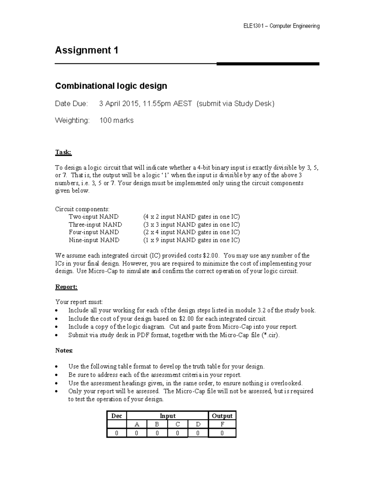 Assignment 1 2015 - ELE1301 – Computer Engineering Assignment 1 Combinational logic design Date ...
