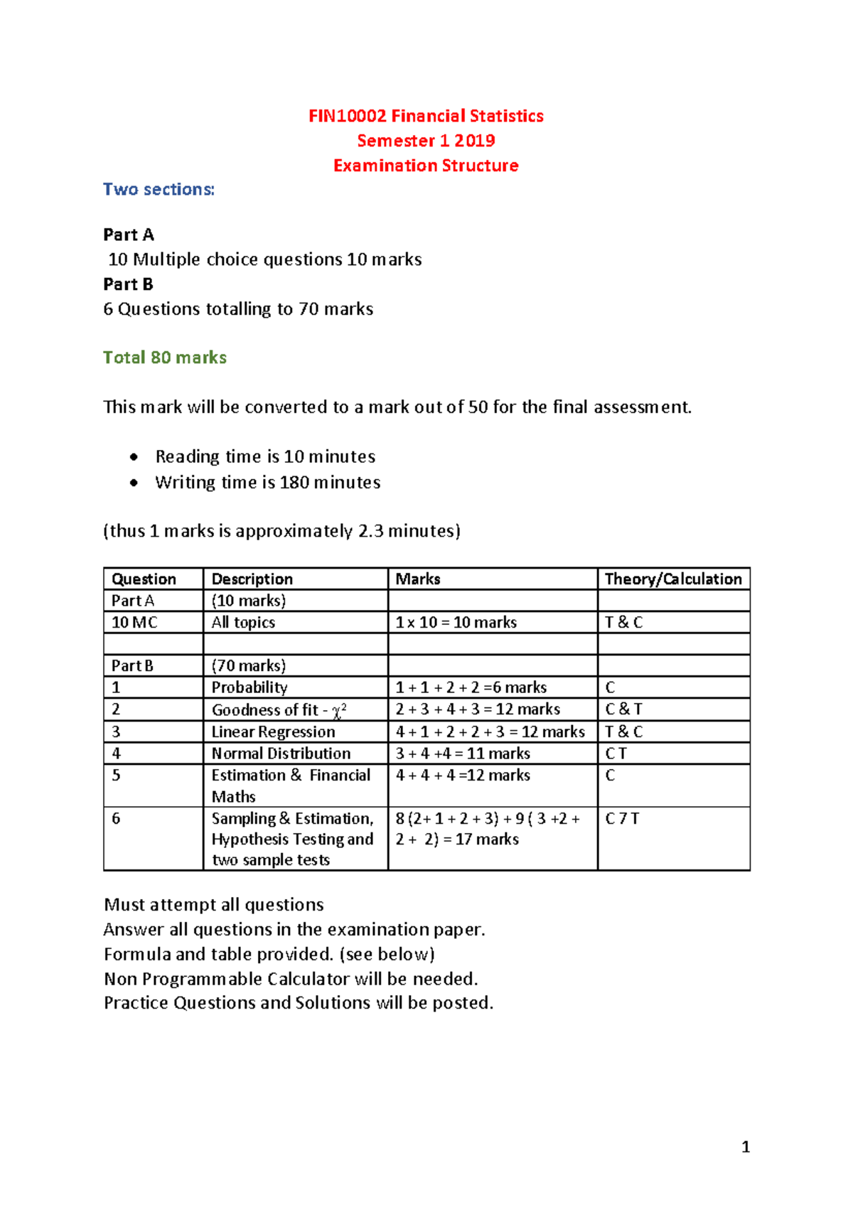 FIN10002 Examination outline Sem 1 2019 - FIN10002 Financial Statistics ...