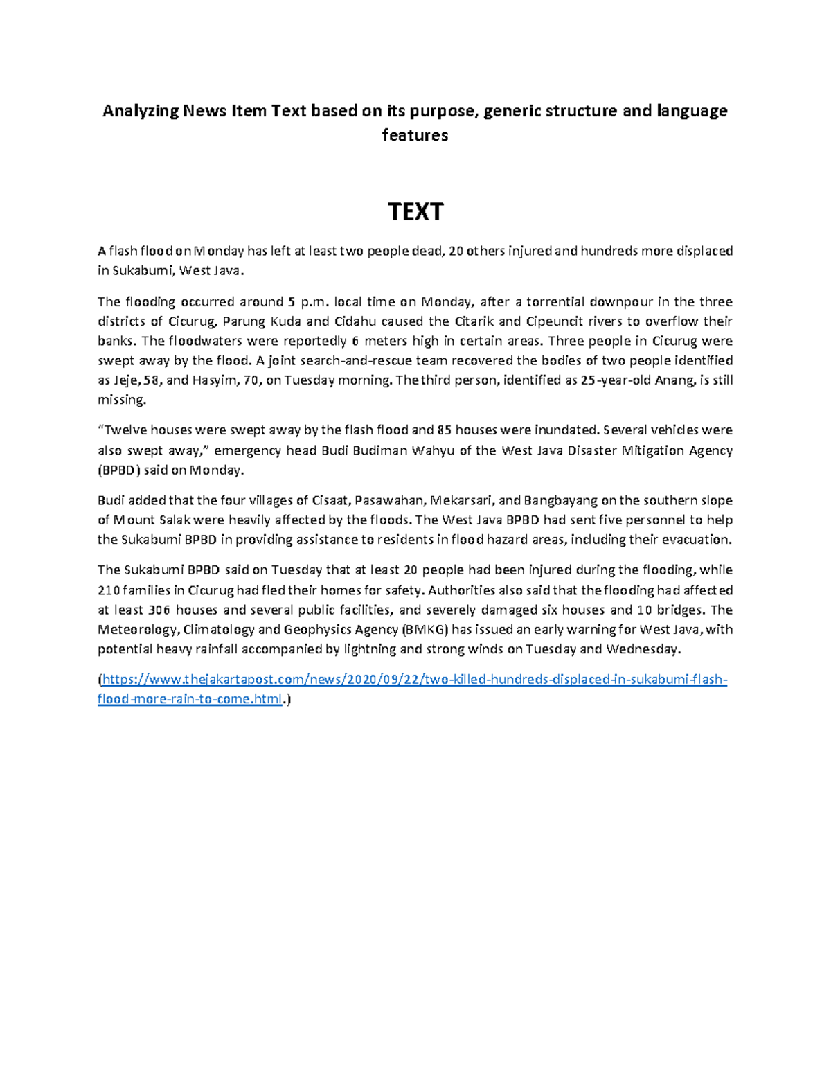 Analyzing News Item Text - The flooding occurred around 5 p. local time ...