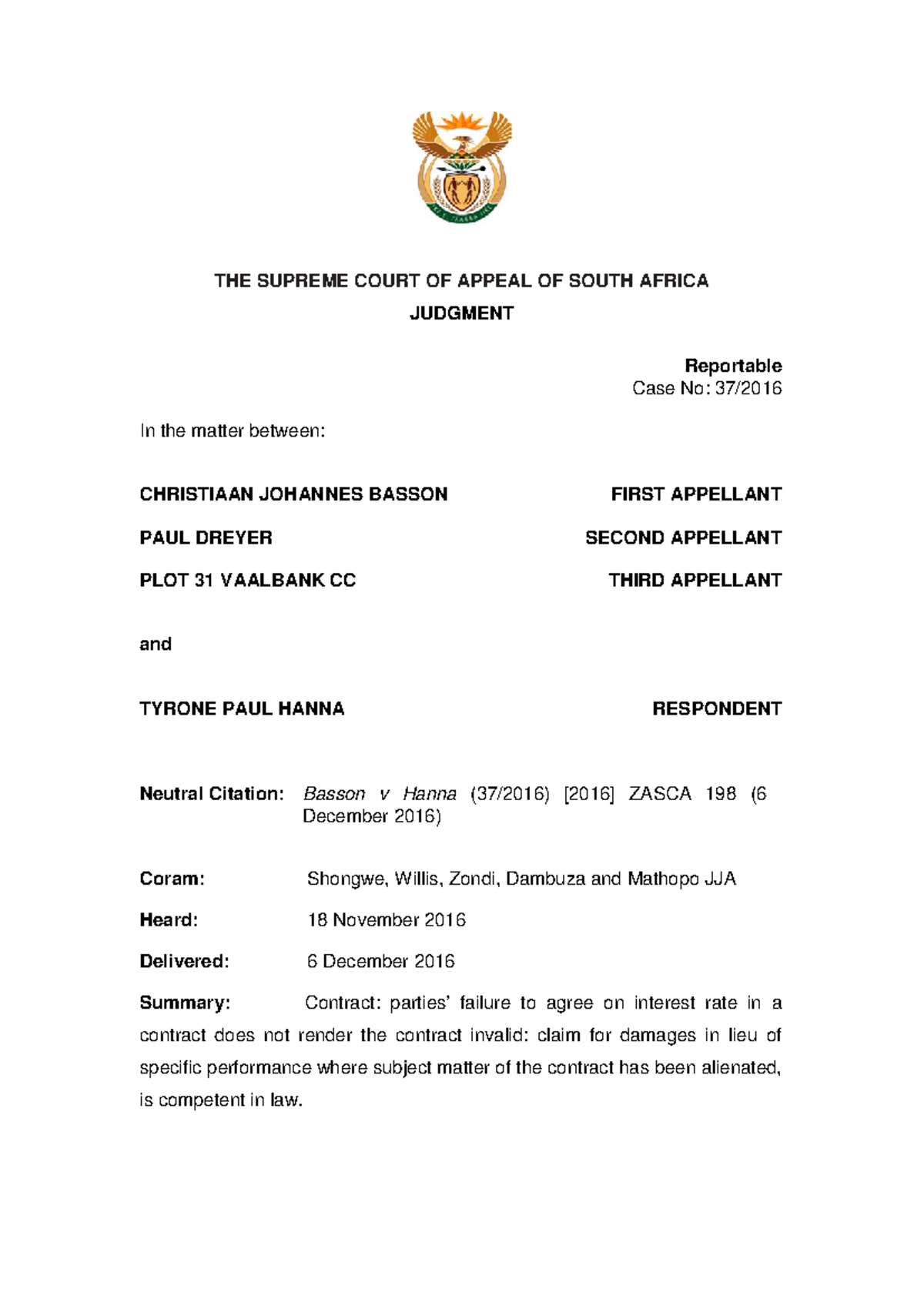 Basson v Hanna 2016 (SCA) - THE SUPREME COURT OF APPEAL OF SOUTH AFRICA ...