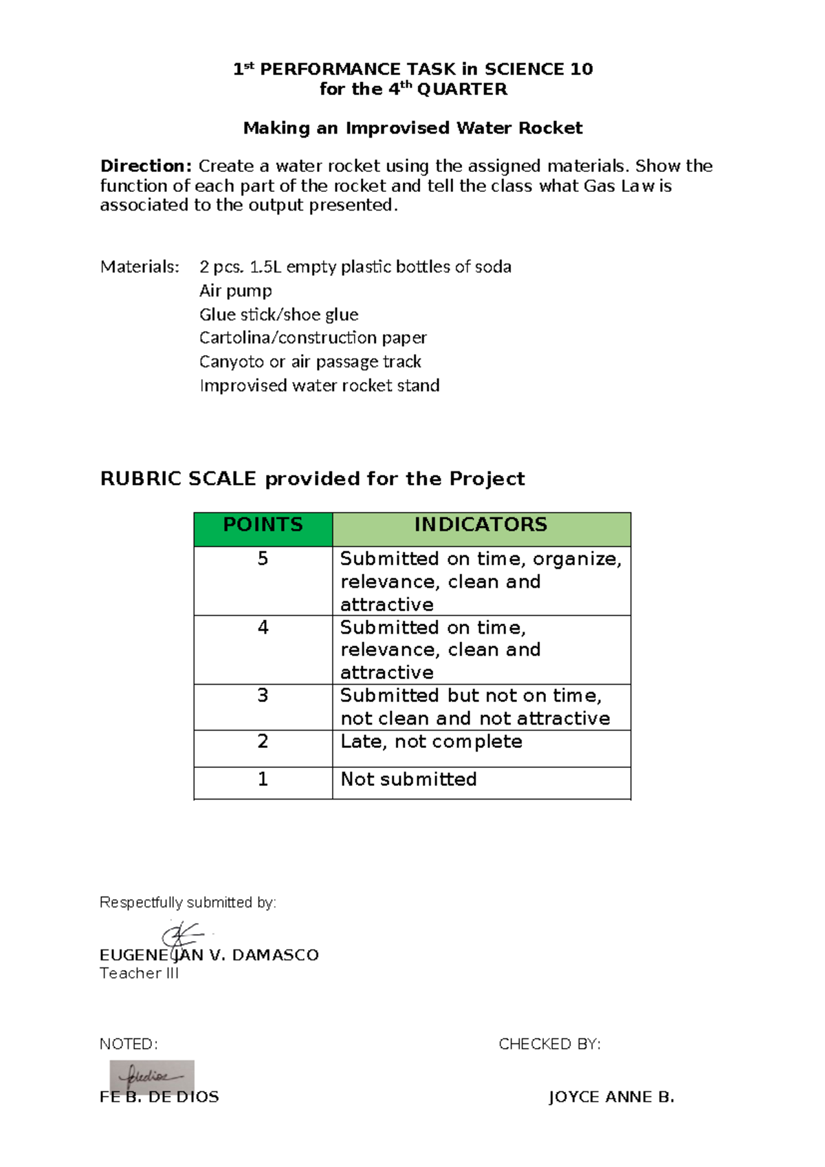 Performance TASK in Science 10 4th Quarter - 1 st PERFORMANCE TASK in ...