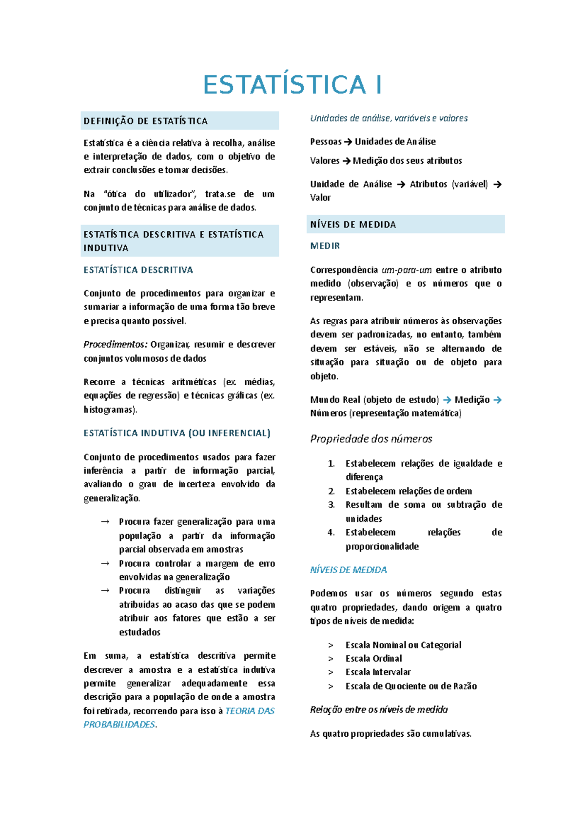 Apontamentos 1ª Frequência - ESTATÍSTICA I ####### DEFINIÇÃO DE ...