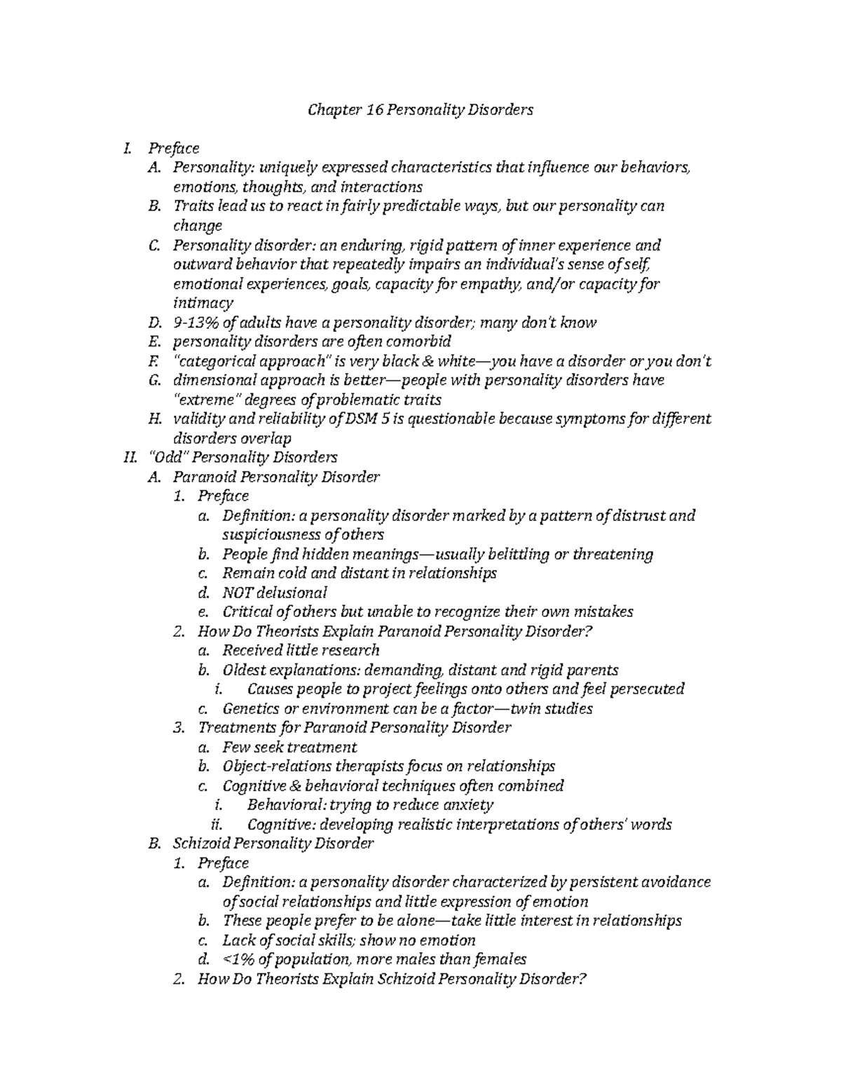 Chapter 16 - Chapter 16 Personality Disorders I. Preface A. Personality ...