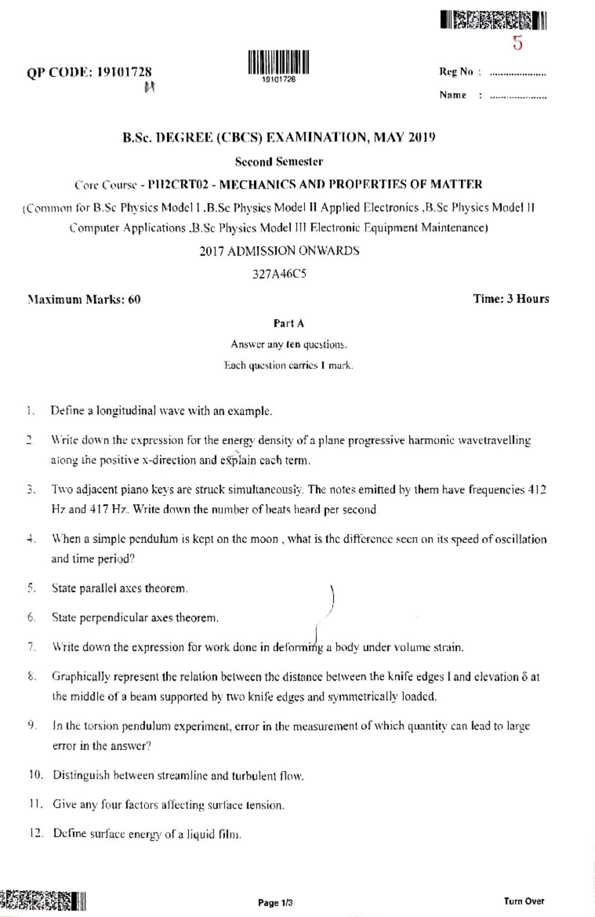 Scan 27 Oct 2020 - 5 QP CODE: 19101728 19101728 Reg No Name *****°° B. DEGREE (CBCS) EXAMINATION ...