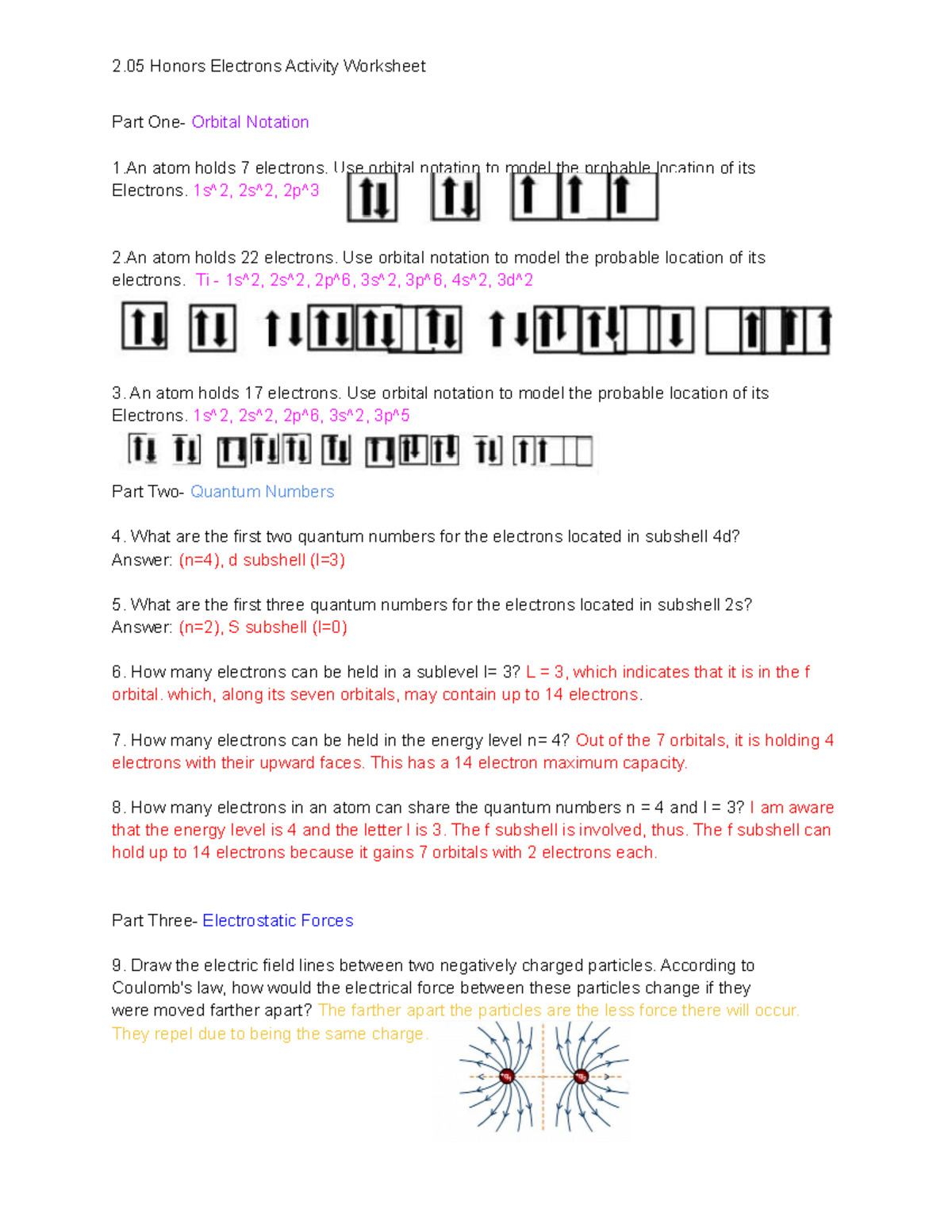 02.05 Honors electrons - 2 Honors Electrons Activity Worksheet Part One ...