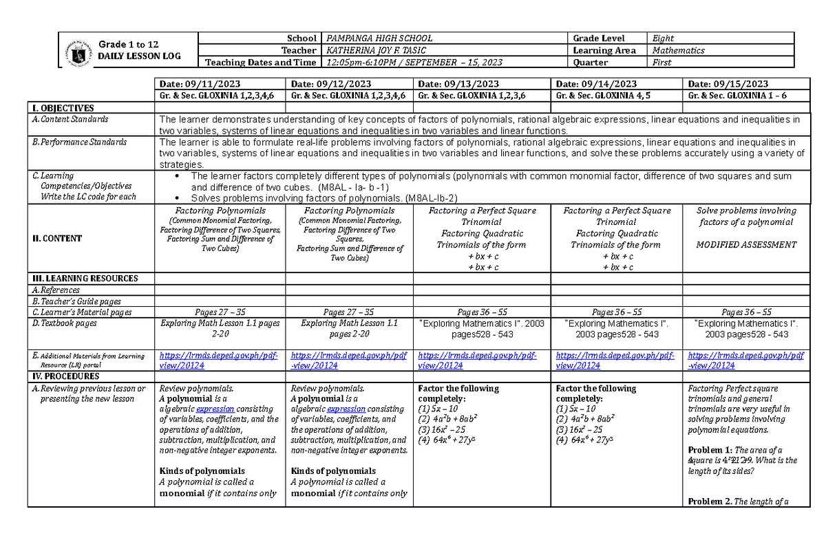 DLL-Q1-W3 - DLL for 1st QT - Grade 1 to 12 DAILY LESSON LOG School ...