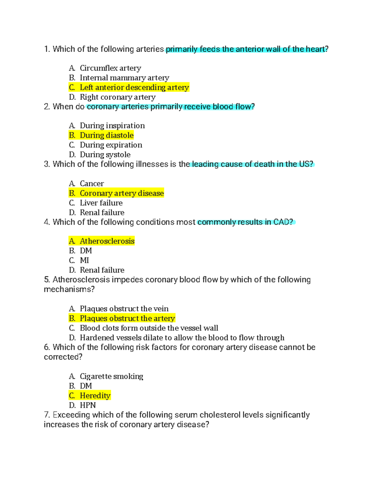 Cardio Practice Questions - Which of the following arteries primarily ...