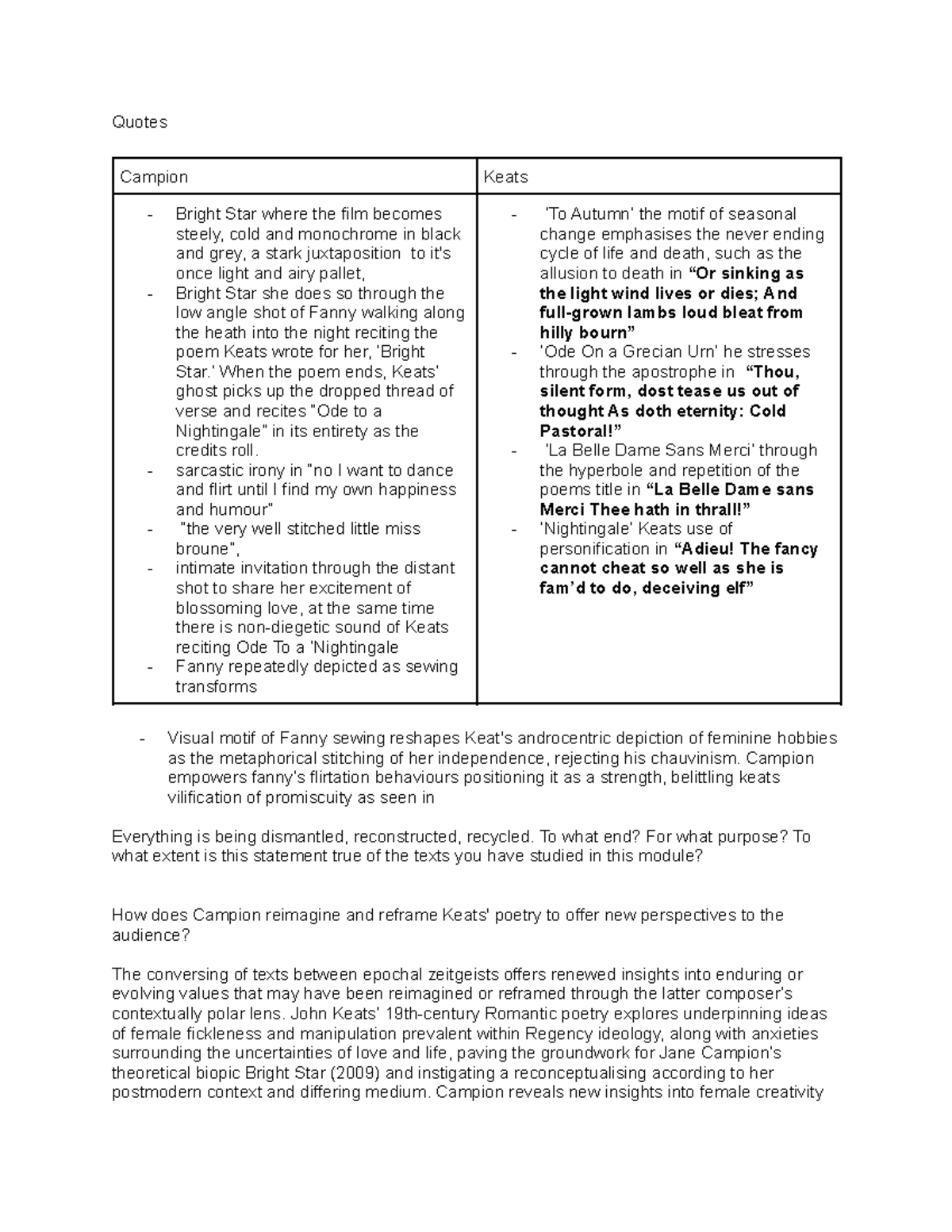 MOD A revision - Campion and Keats - Quotes Campion Keats - Bright Star ...