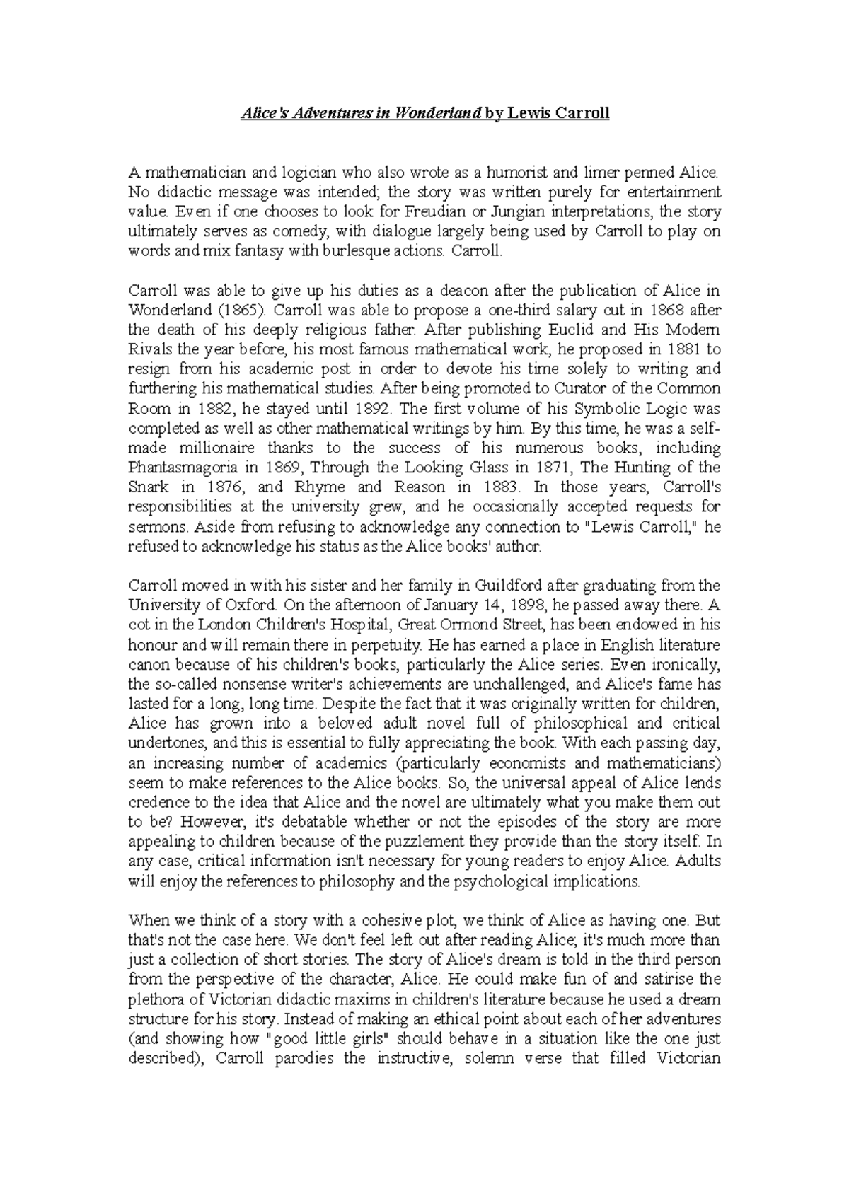 Alice's Adventures in Wonderland by Lewis Carroll - English Literature ...