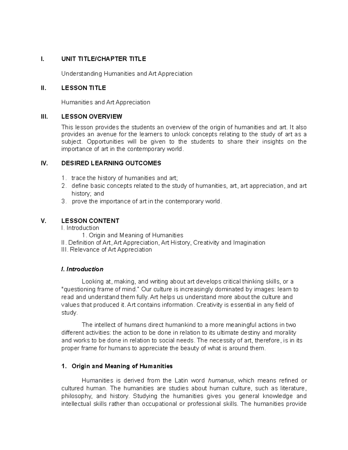 Arts m1 - for your reference - I. UNIT TITLE/CHAPTER TITLE ...