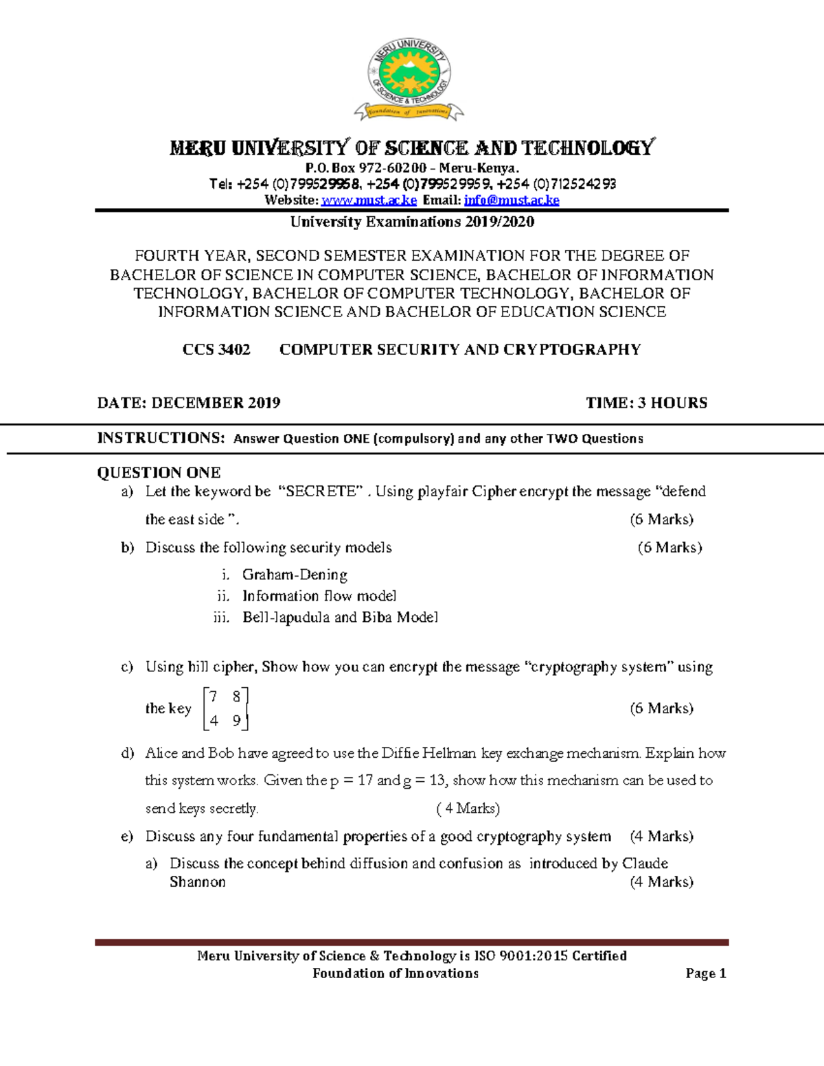Ccs 3402 Computer Security And Cryptography Meru University Of