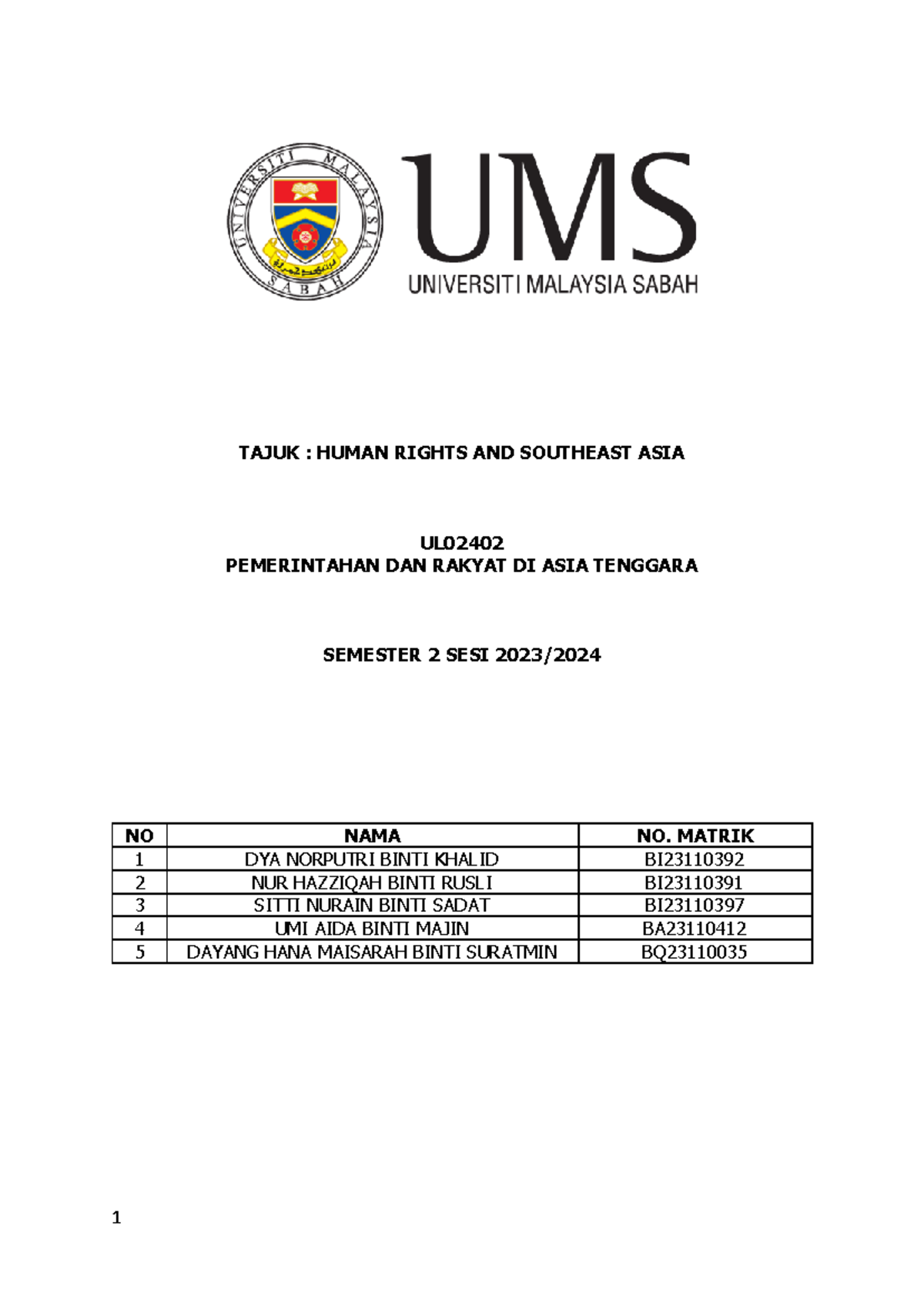 Kumpulan 11 Pemerintahan DAN Rakyat DI ASIA Tenggara - TAJUK : HUMAN RIGHTS AND SOUTHEAST ASIA ...