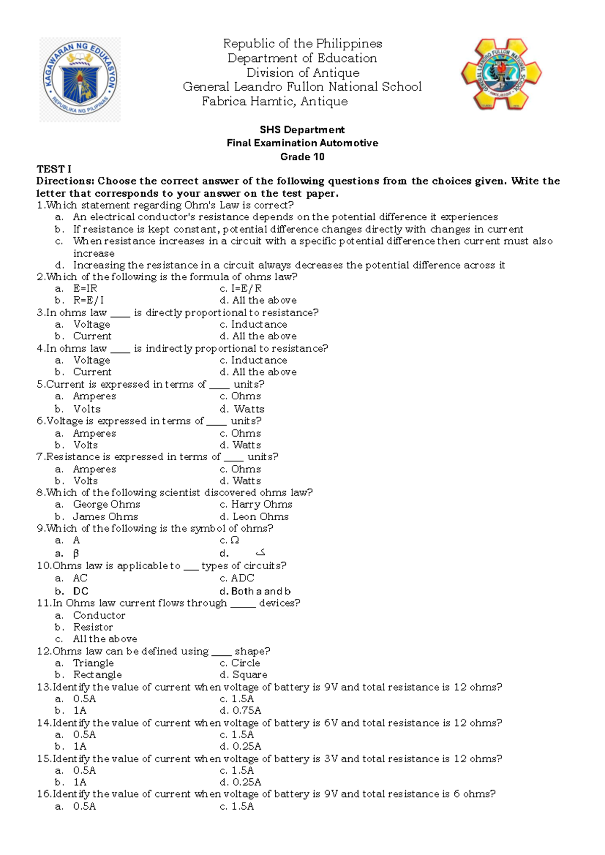 Multimeter Tester QUIZ 010547 - Republic of the Philippines Department ...