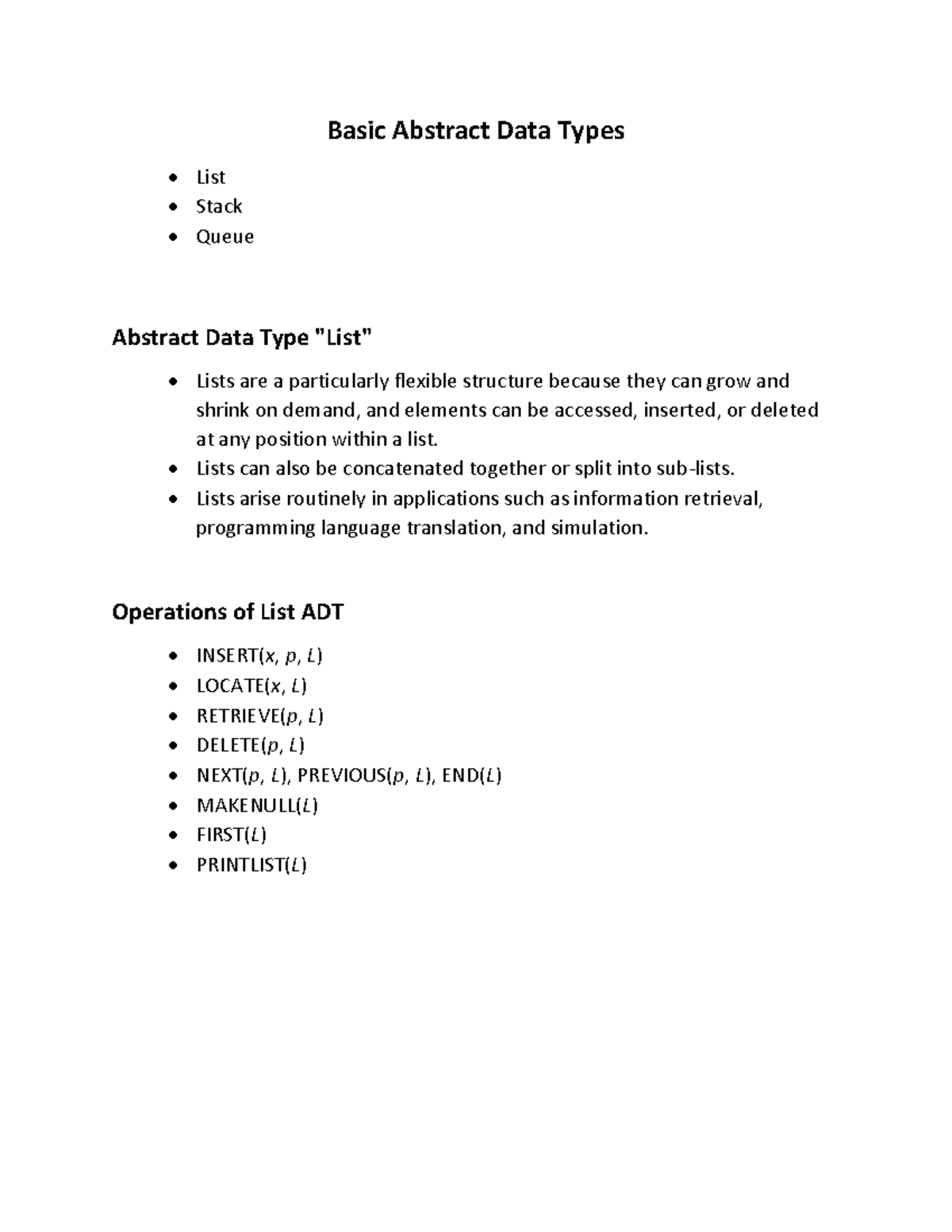 Basic Abstract Data Types - Basic Abstract Data Types List Stack Queue ...