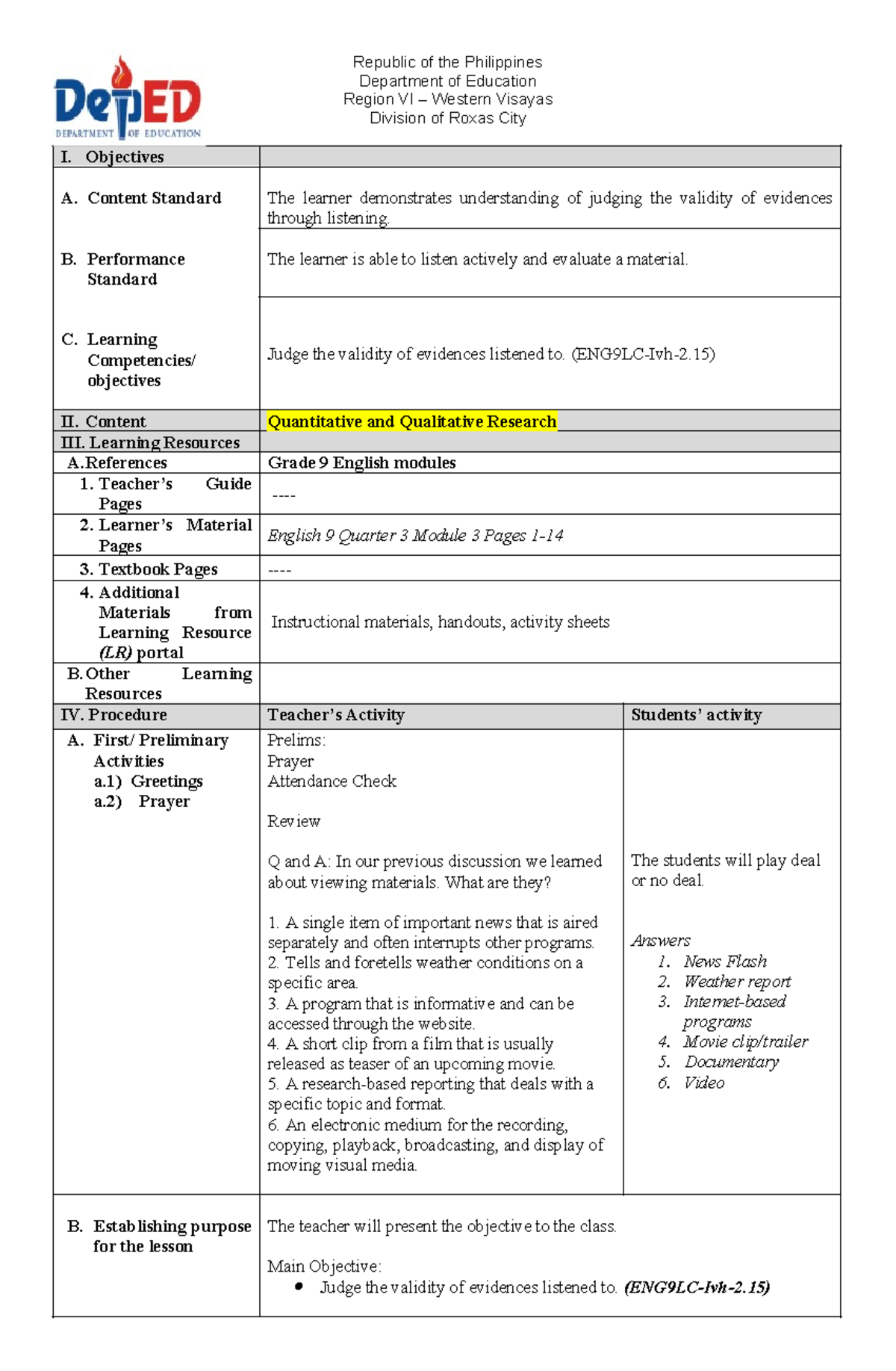 English 9 Demo DLP sample - Republic of the Philippines Department of ...