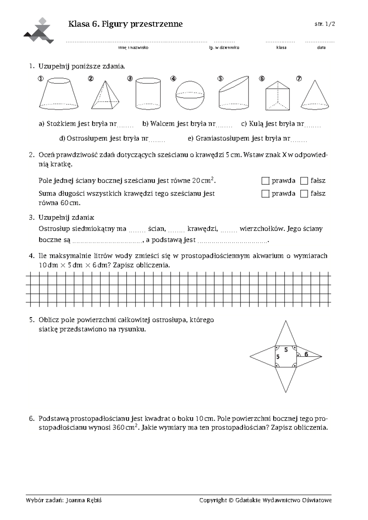 Sprawdzian-kl-6 - sprawdzian - Klasa 6. Figury przestrzenne - Studocu