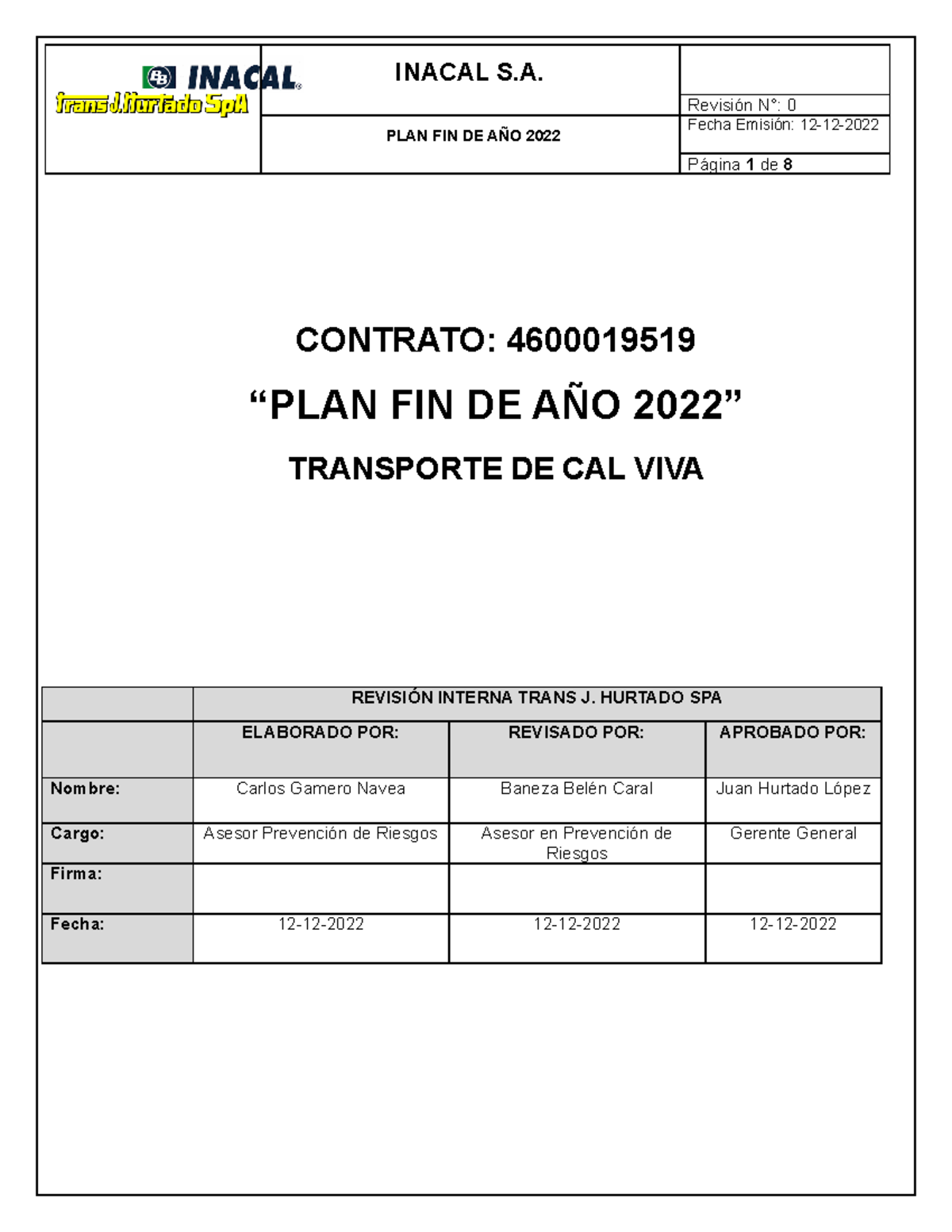 PLAN FIN DE AÑO 2022 Hurtado - Revisión N°: 0 PLAN FIN DE AÑO 2022 ...
