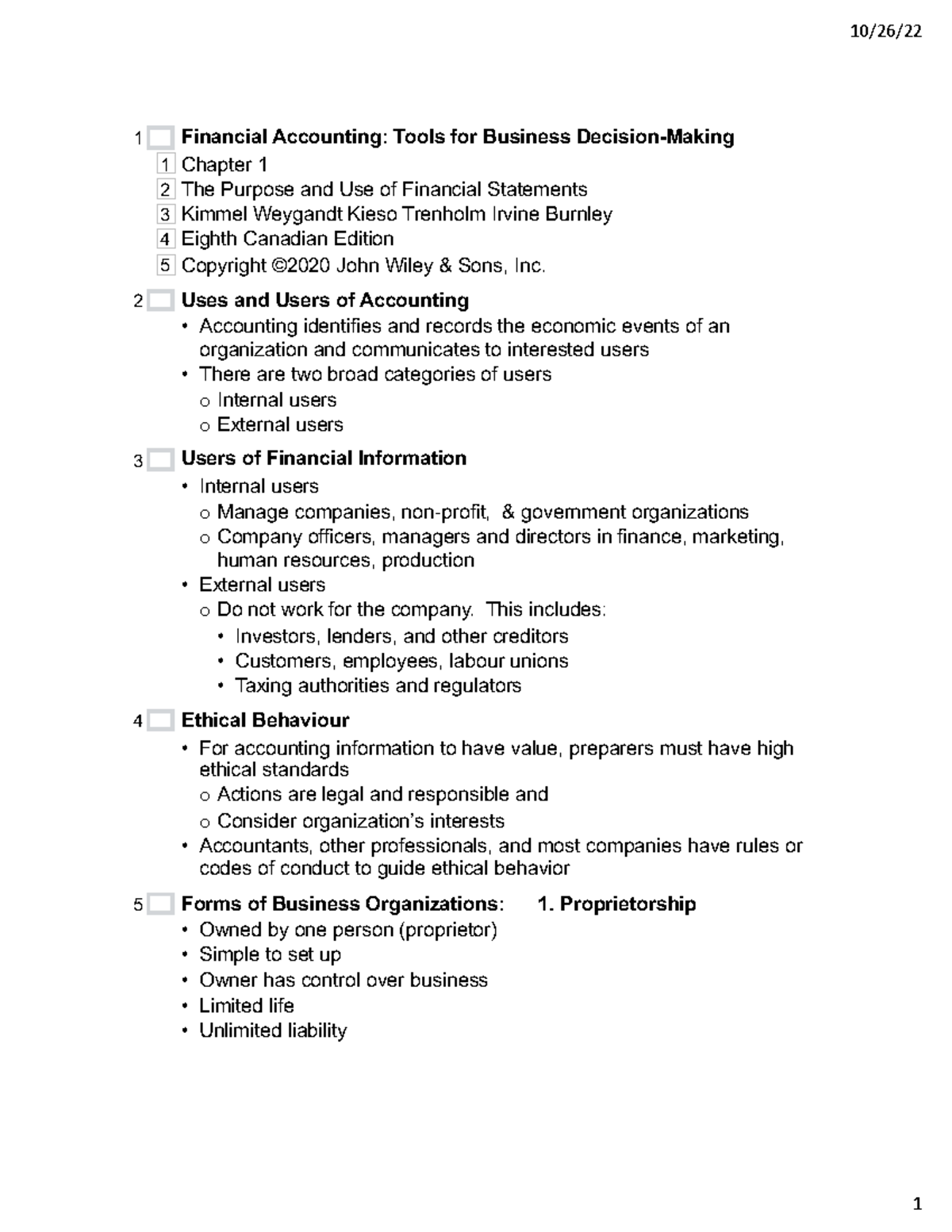 Chapter 1 Notes - 10/26/ 1 Financial Accounting: Tools for Business ...