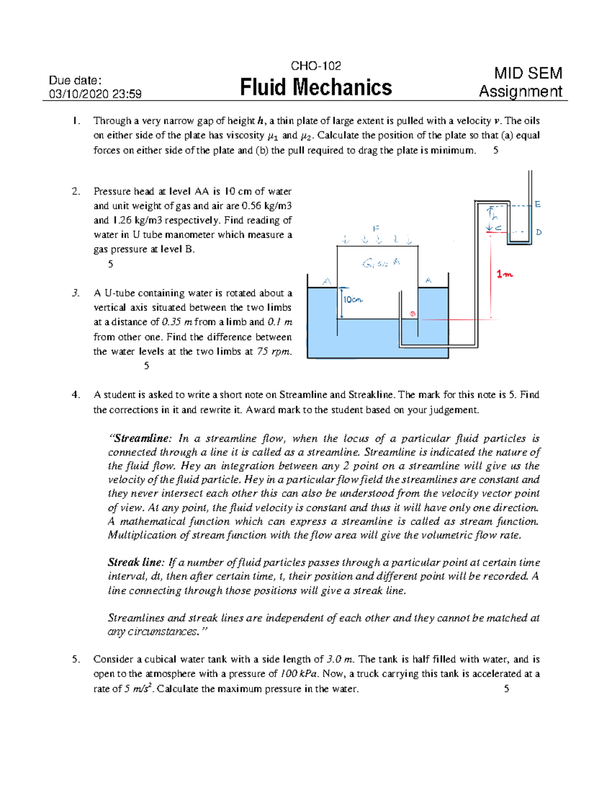 Assignment - midsem 1 - Warning: TT: undefined function: 32 Due date: 03 /10/2020 23: CHO- Fluid ...