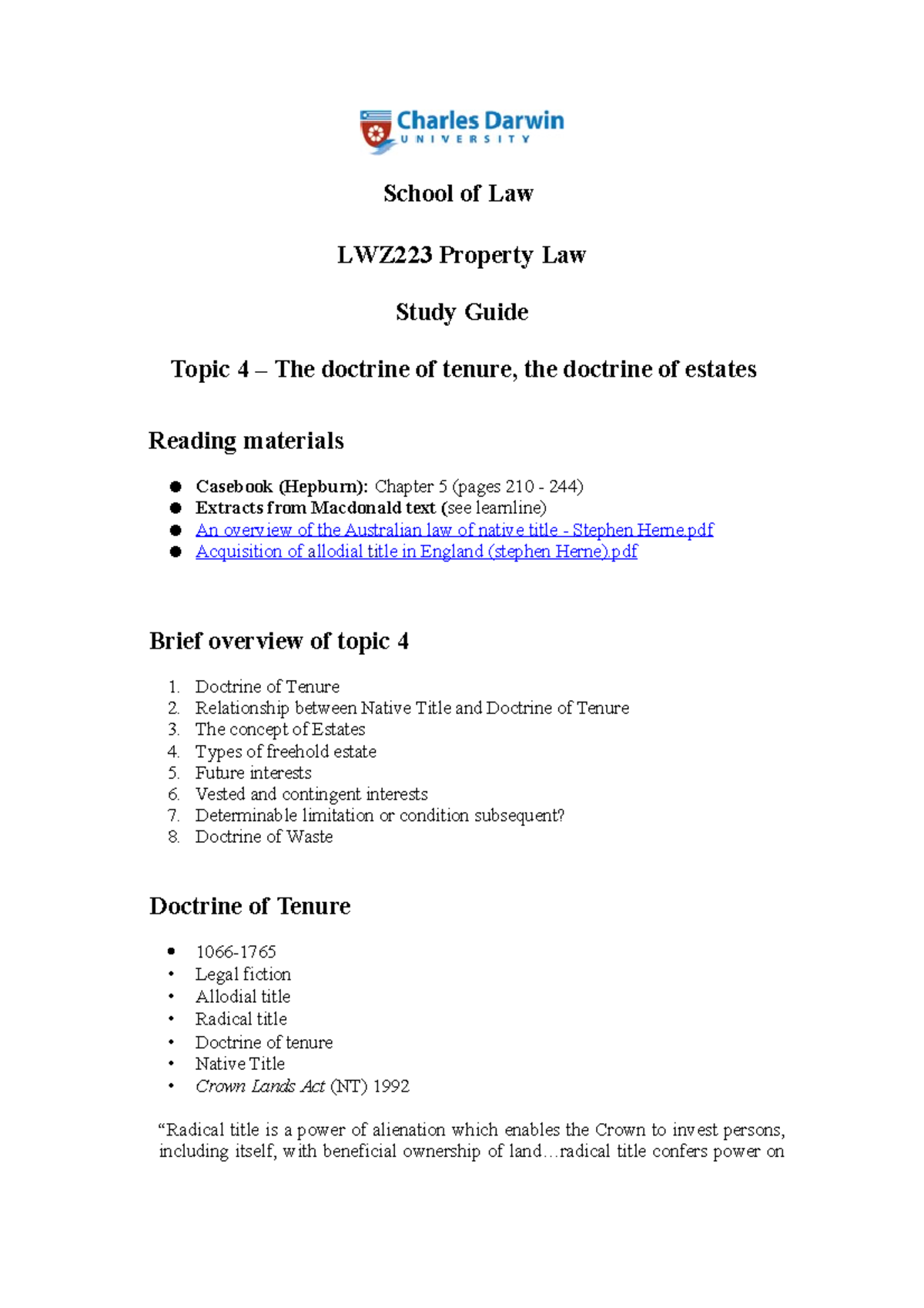 Topic 4 Study Guide - Lecture note 4 - School of Law LWZ223 Property ...