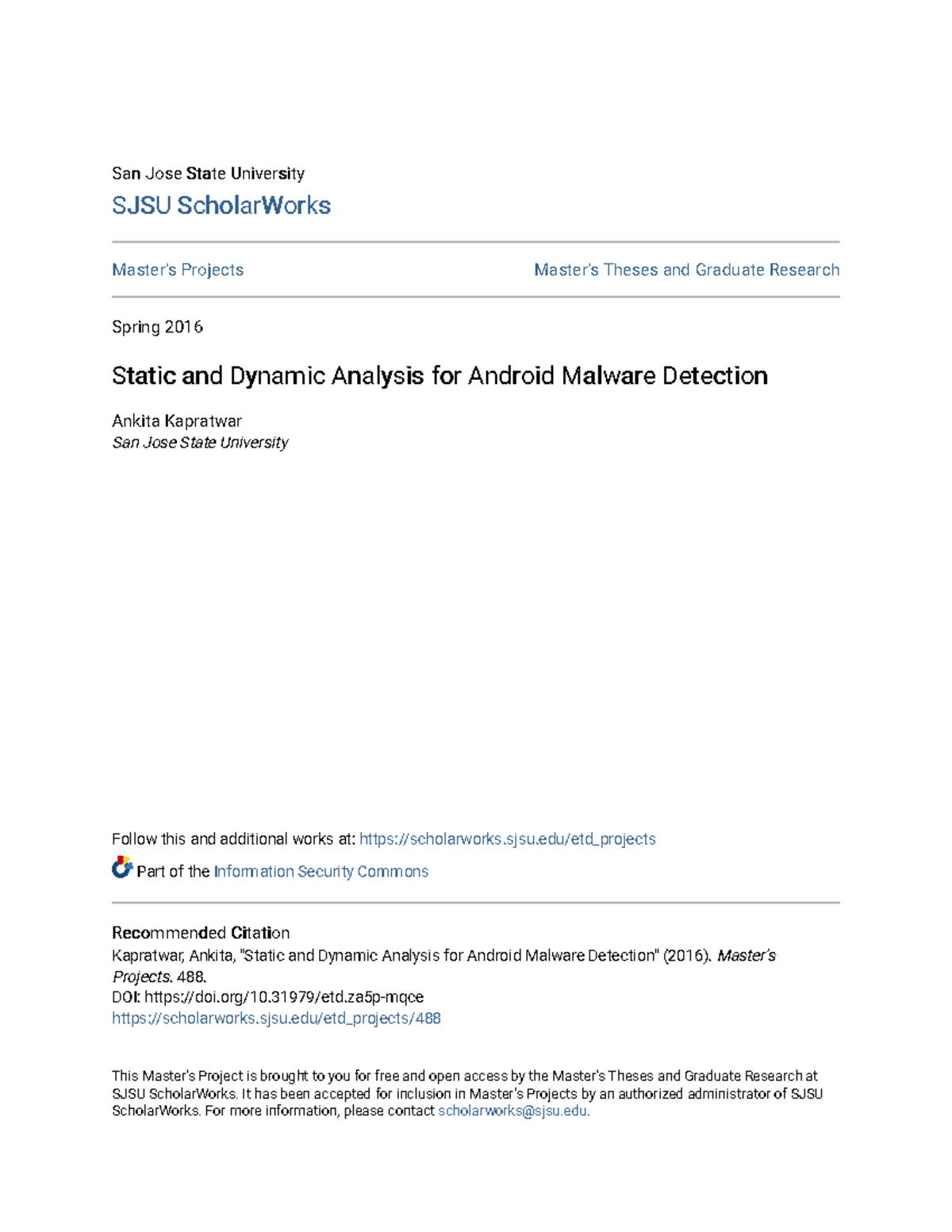 Static And Dynamic Analysis For Android Malware Detection Sjsu etd