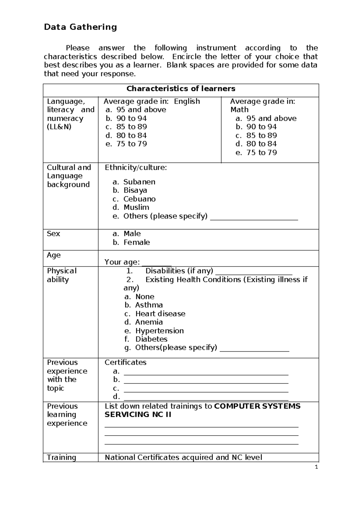 1. PTS-1-DATA- Gathering - Data Gathering Please answer the following ...