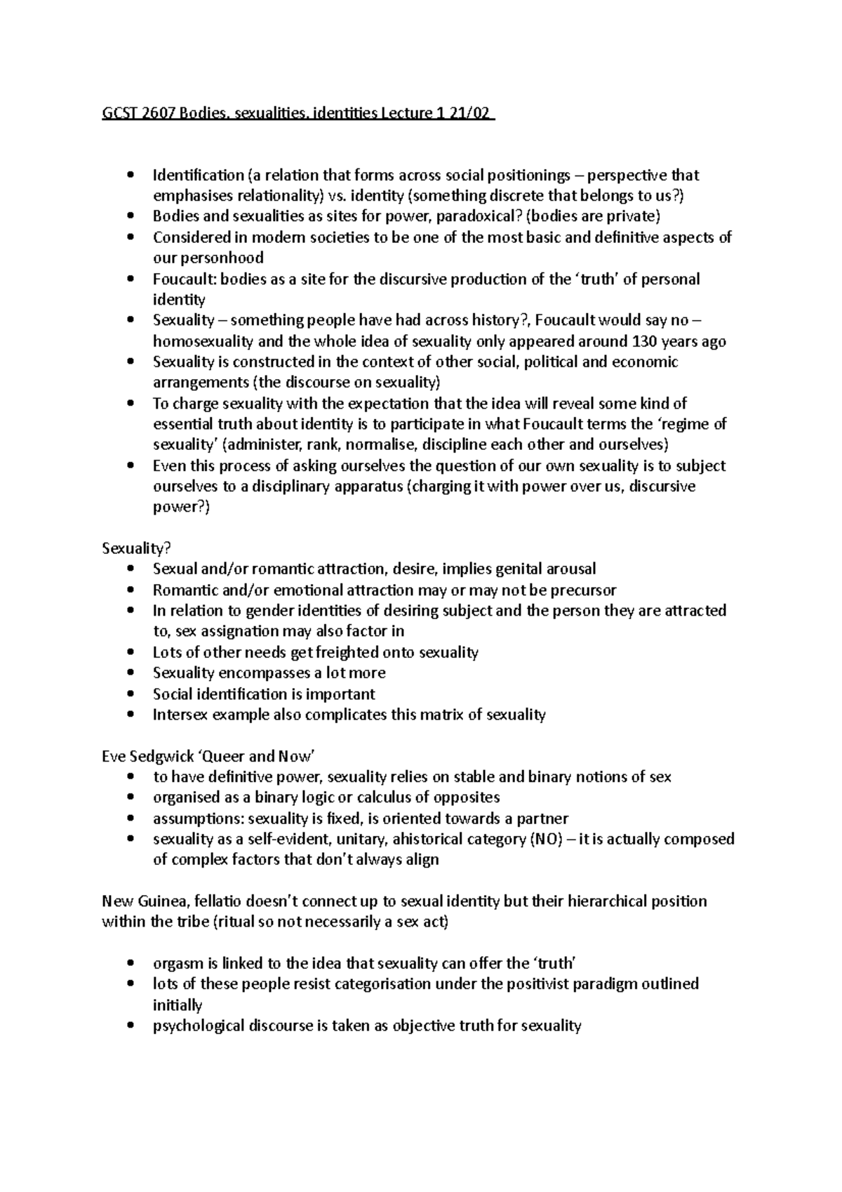 GCST 2607 Bodies lecture notes - GCST 2607 Bodies, sexualities ...