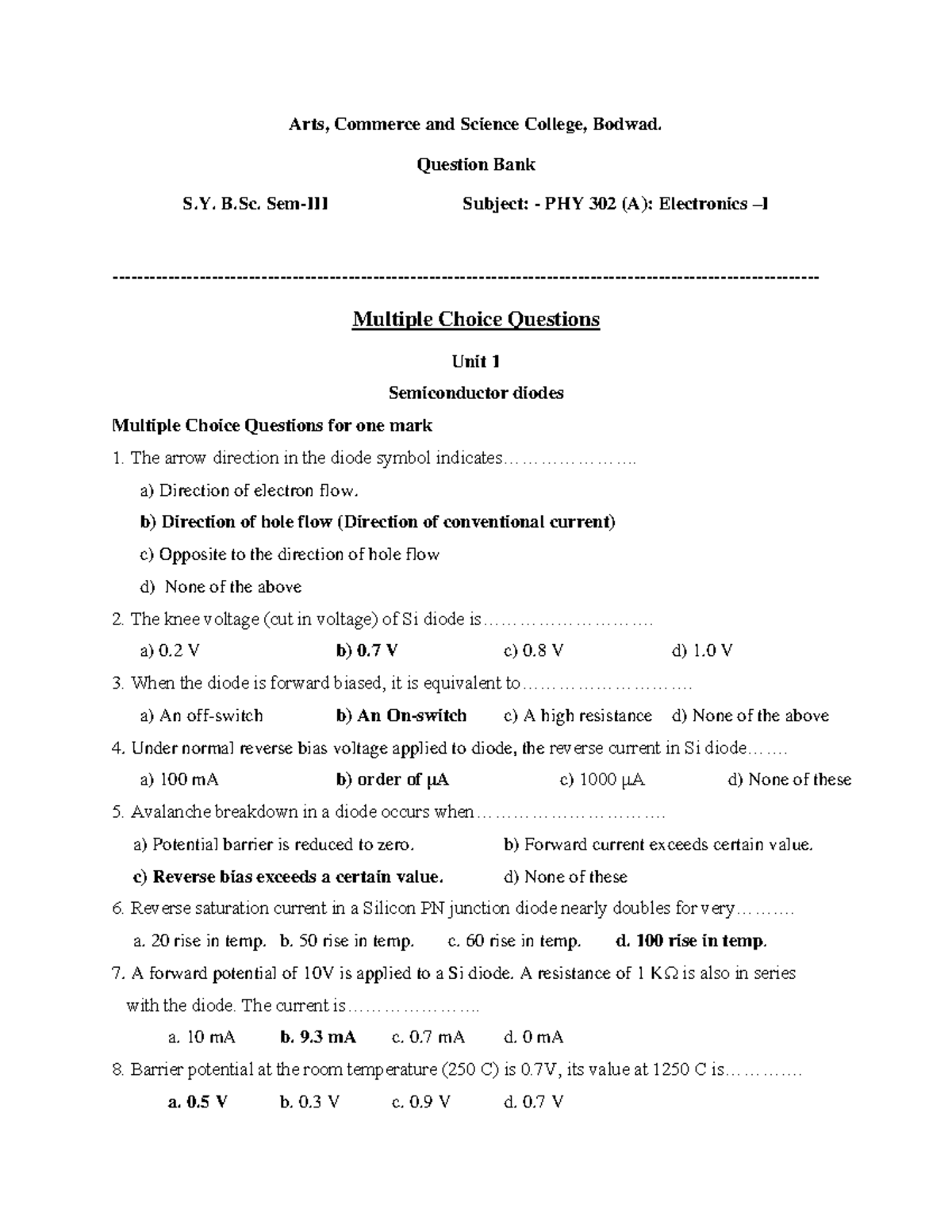 BSc mcq set 5 - Arts, Commerce and Science College, Bodwad. Question ...