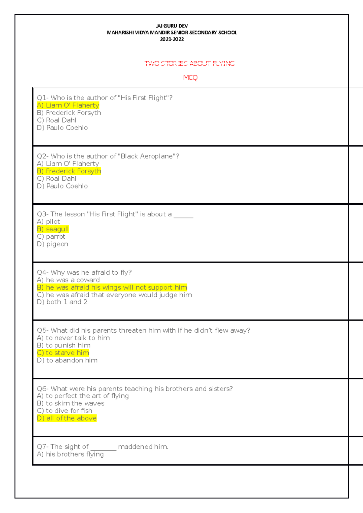 Two Stories About Flying - MCQ Answer KEY - TWO STORIES ABOUT FLYING ...