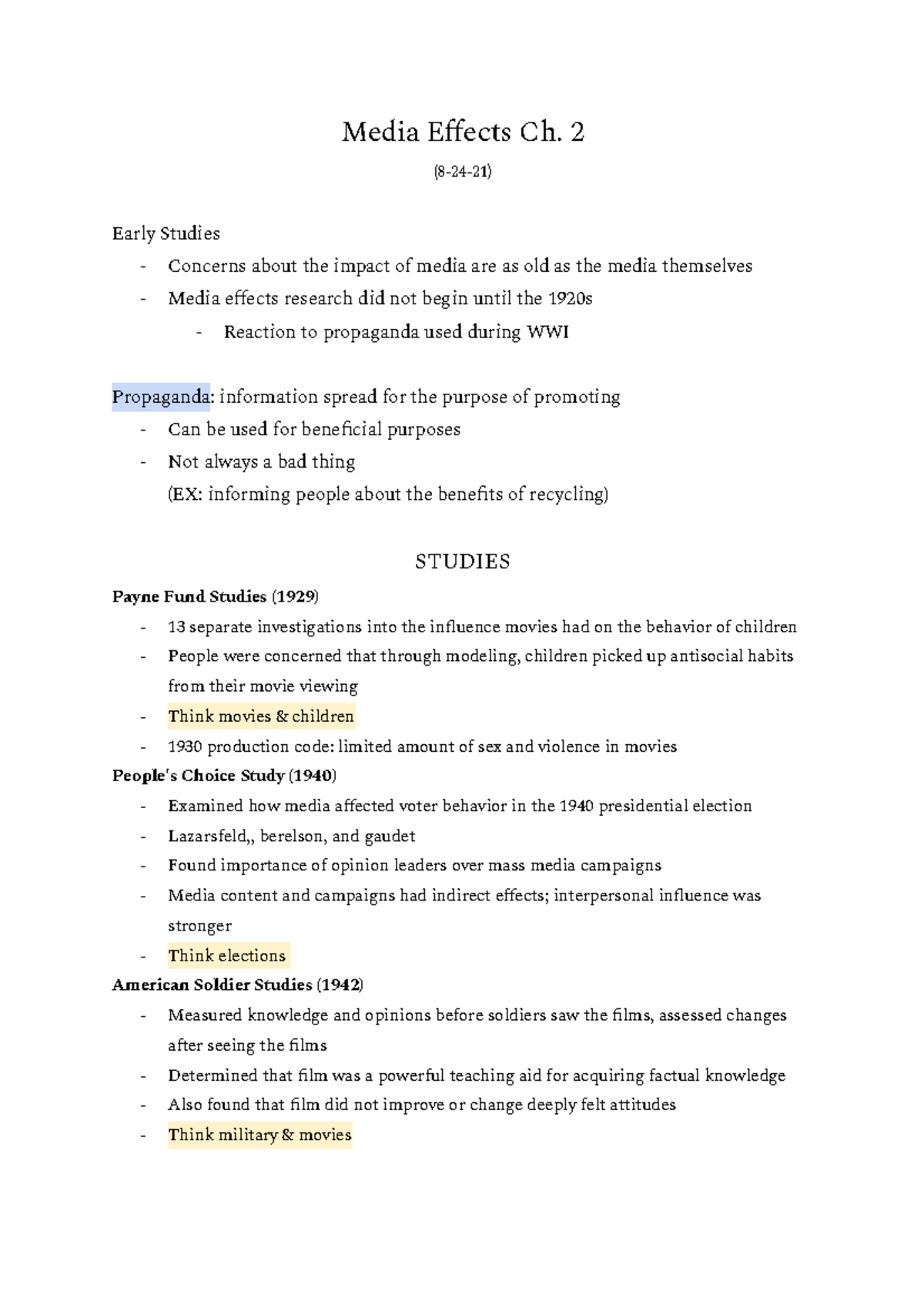 Chapter 2 - Media Effects - Media Effects Ch. 2 (8-24-21) Early Studies ...