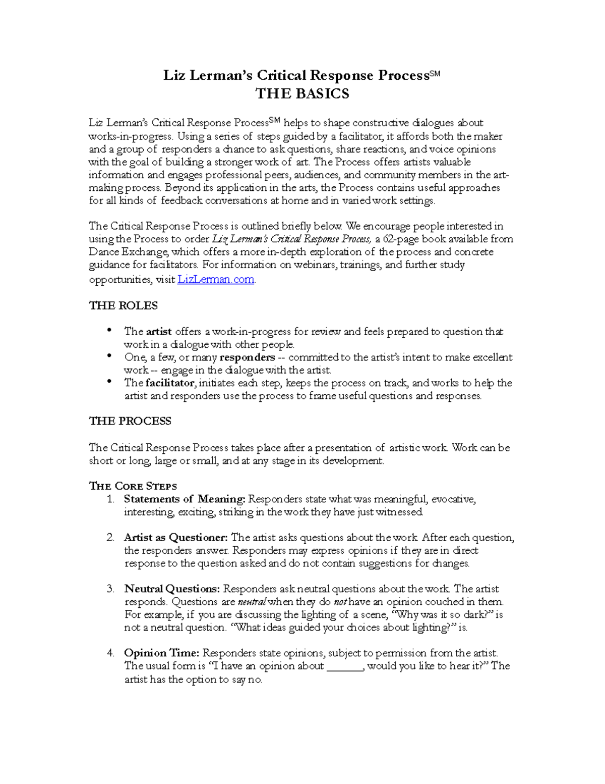 Liz Lerman's Critical Response Process - ! Liz Lerman’s Critical ...